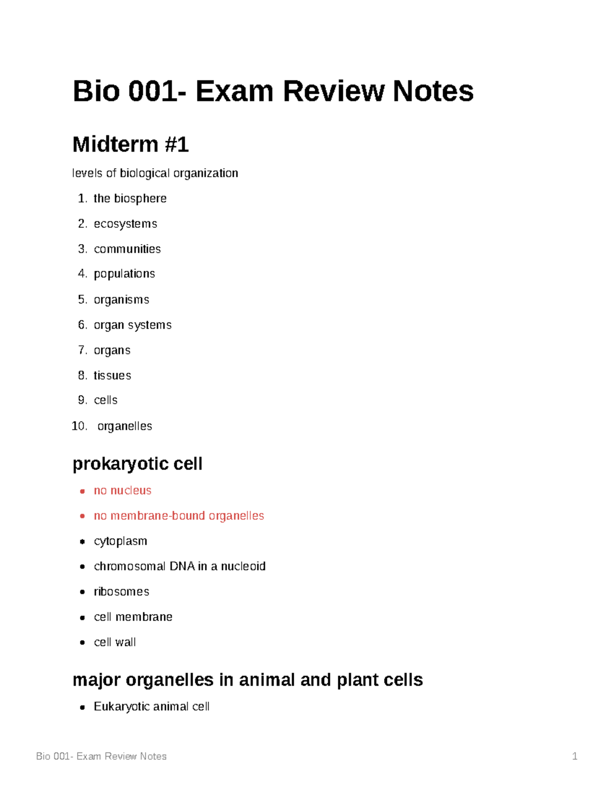Bio 001- Exam Review Notes - Bio 001- Exam Review Notes Midterm levels ...