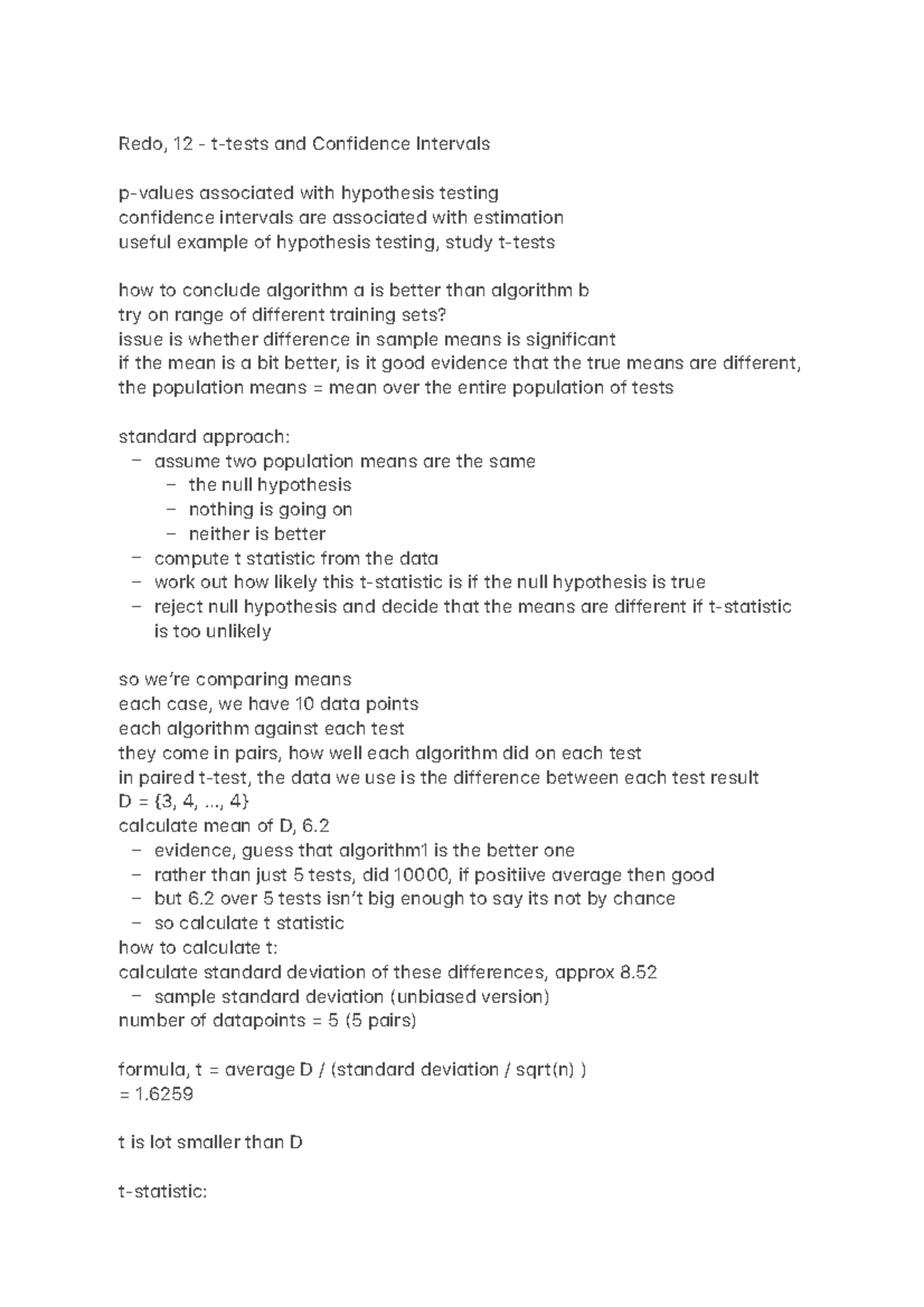 Redo, 12 - t-tests and Confidence Intervals, James Cussens ...