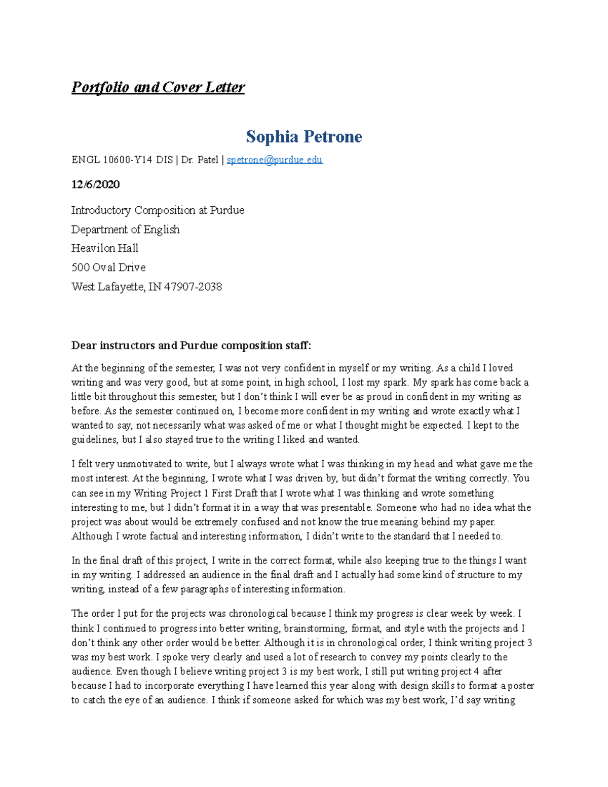 Final portfolio - Portfolio and Cover Letter Sophia Petrone ENGL 10600 ...