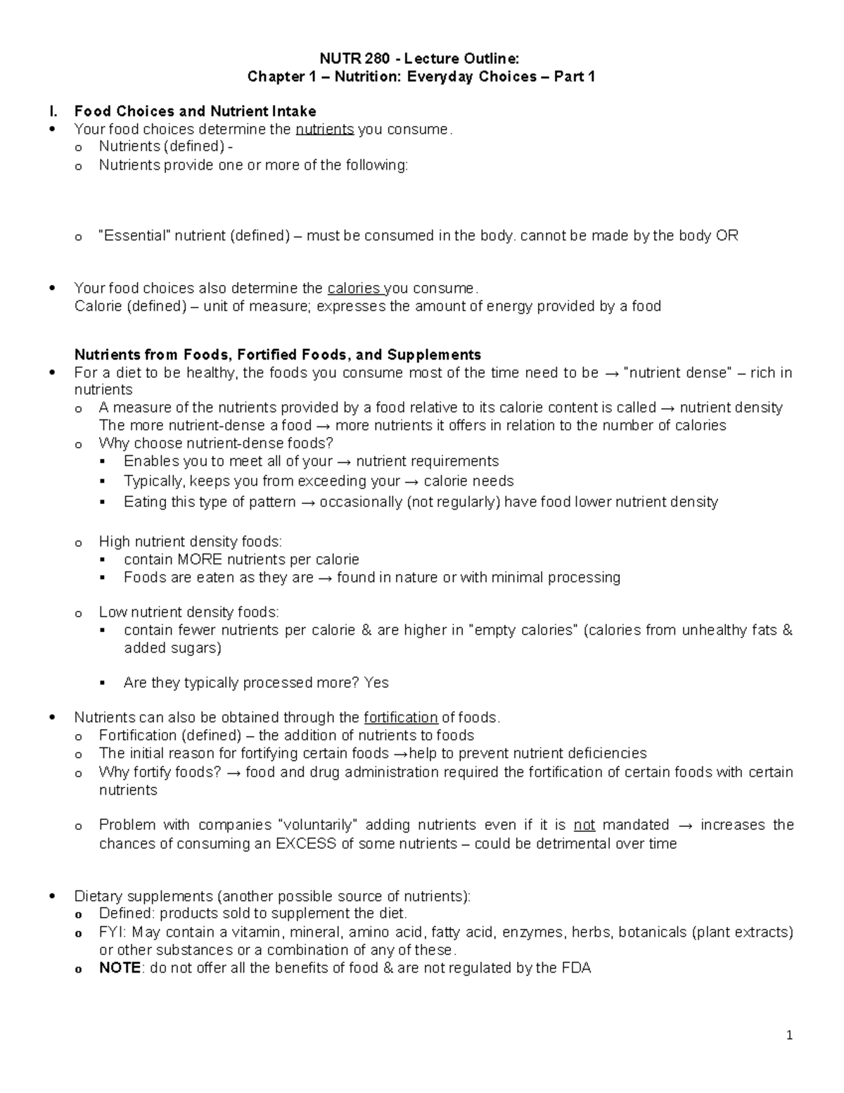 Chapter 1 Student Outline - Everyday Choices, Part 1 - NUTR 280 - Lecture Outline: Chapter 1 ...
