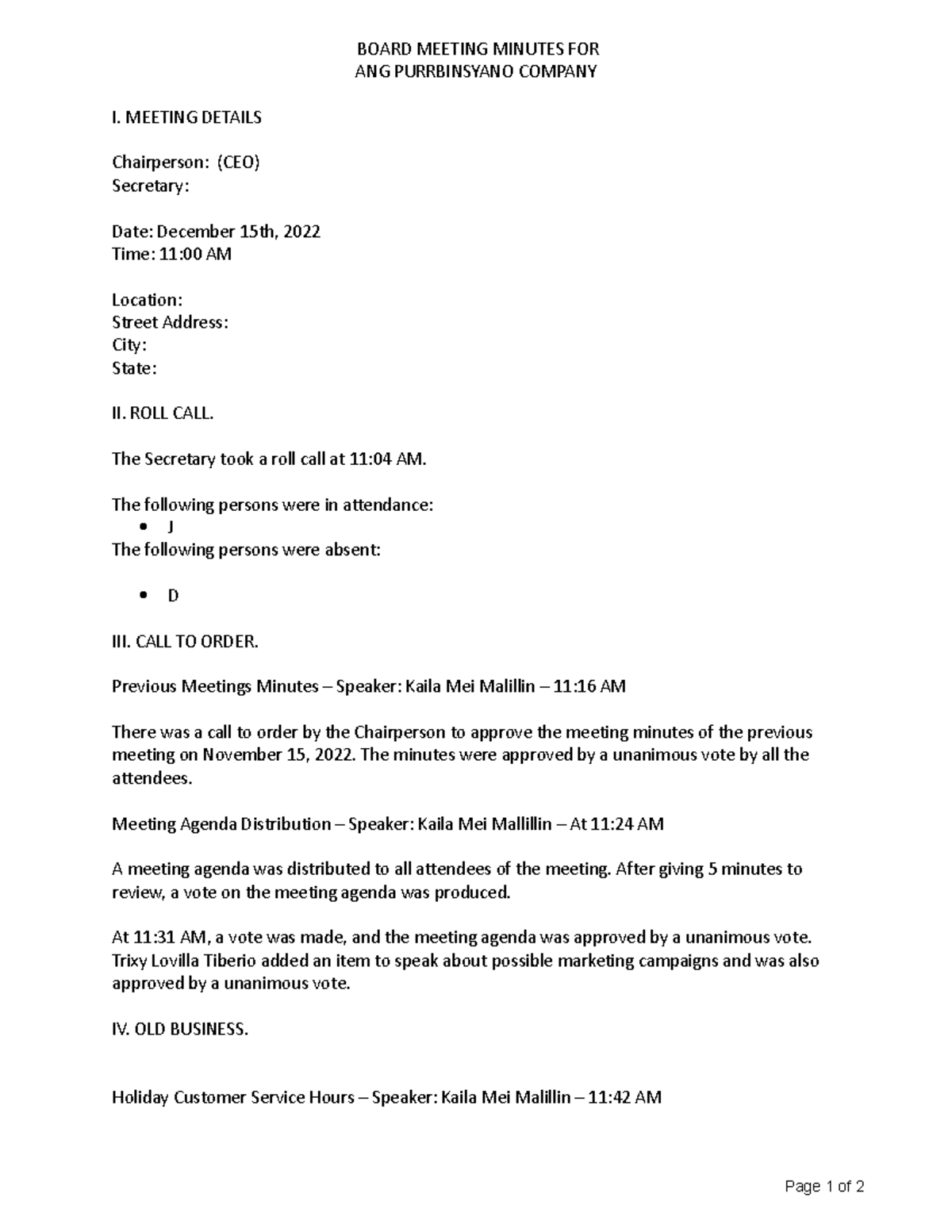 Sample Board Meeting Minutes - BOARD MEETING MINUTES FOR ANG ...