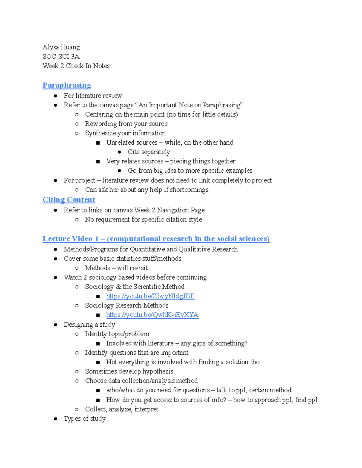 Week 2 Check In Notes - SS I - Alysa Huang SOC SCI 3A Week 2 Check In ...
