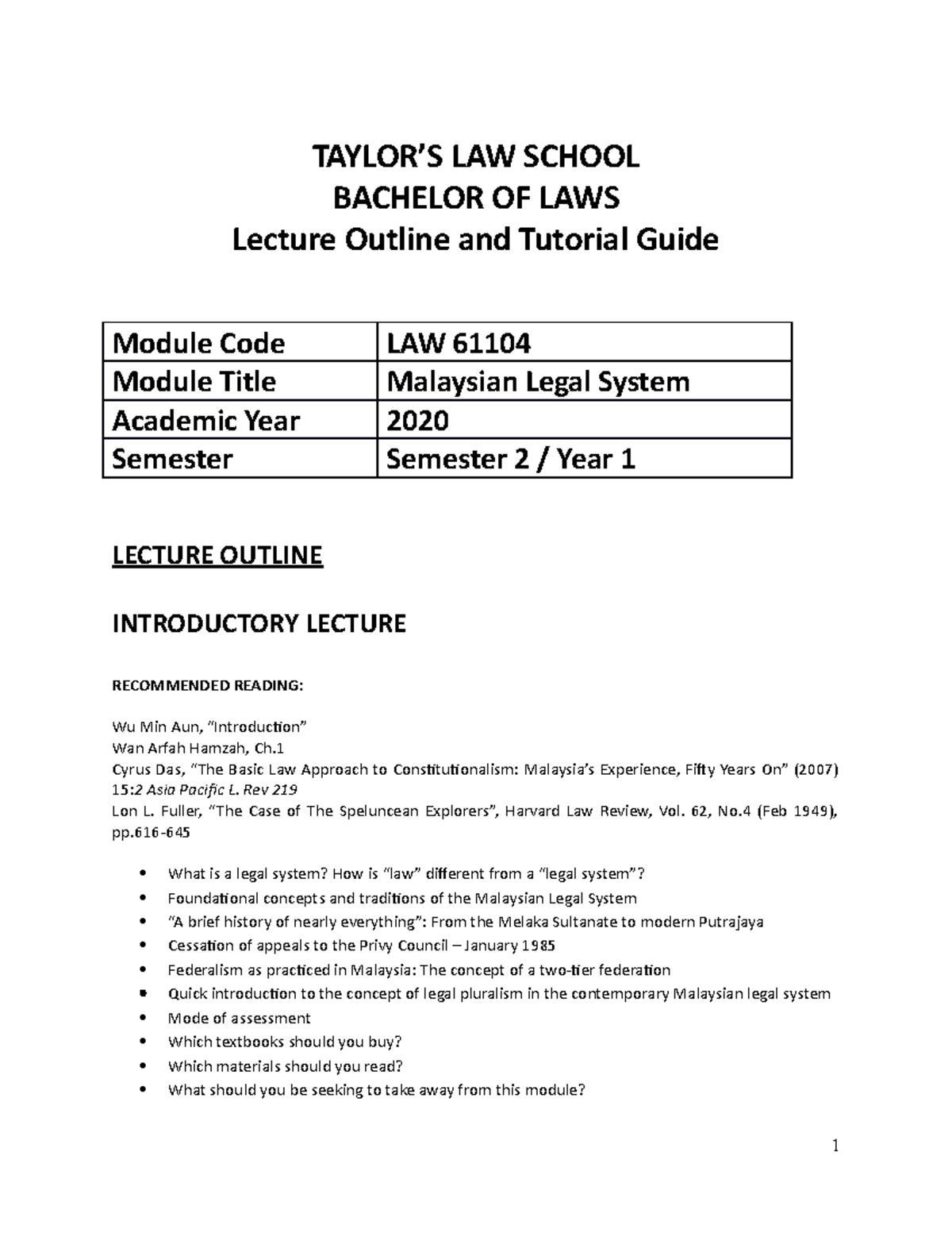MLS. Lecture Outline+Tutorial Guide - TAYLOR’S LAW SCHOOL BACHELOR OF ...