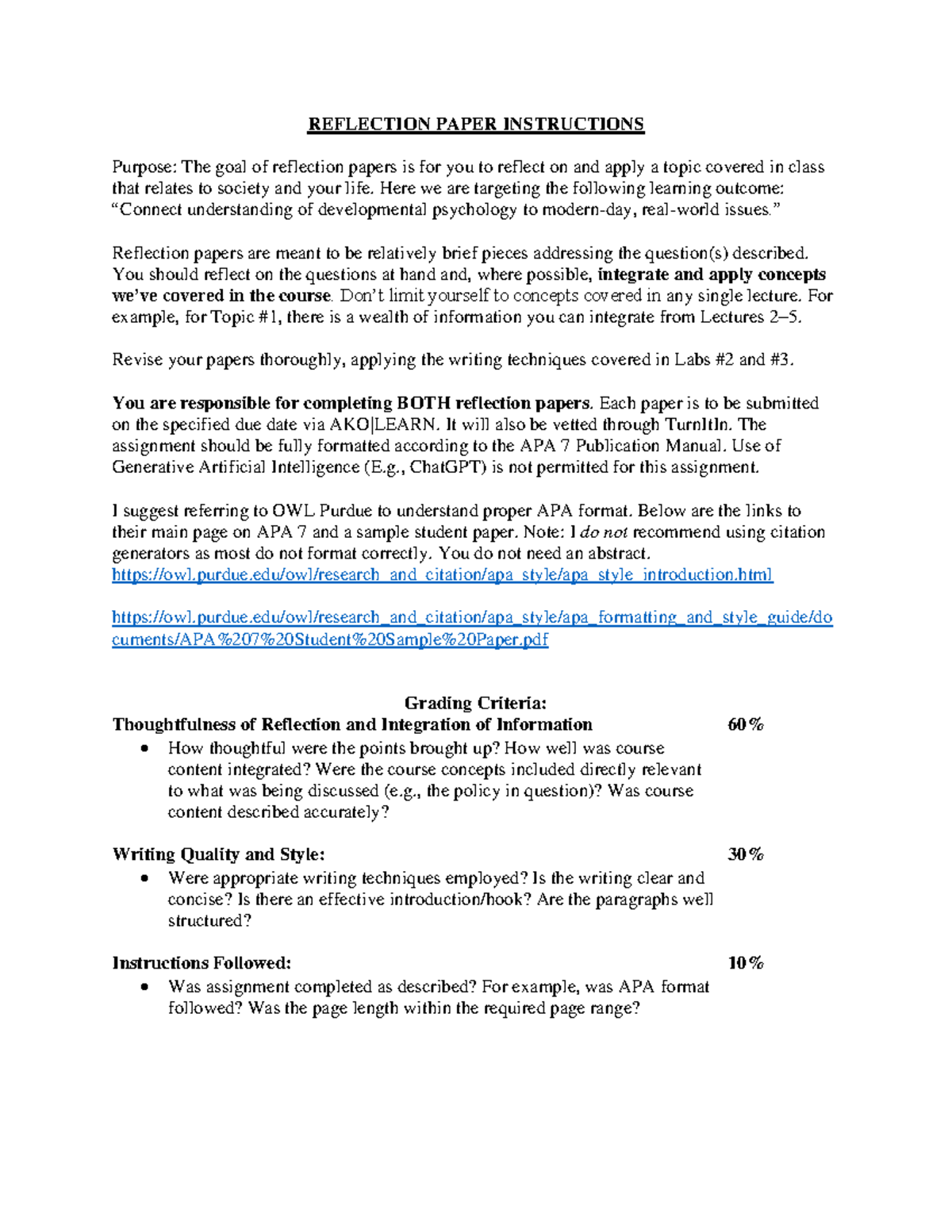 Psych 207 Reflection Paper #1 Instructions - REFLECTION PAPER ...