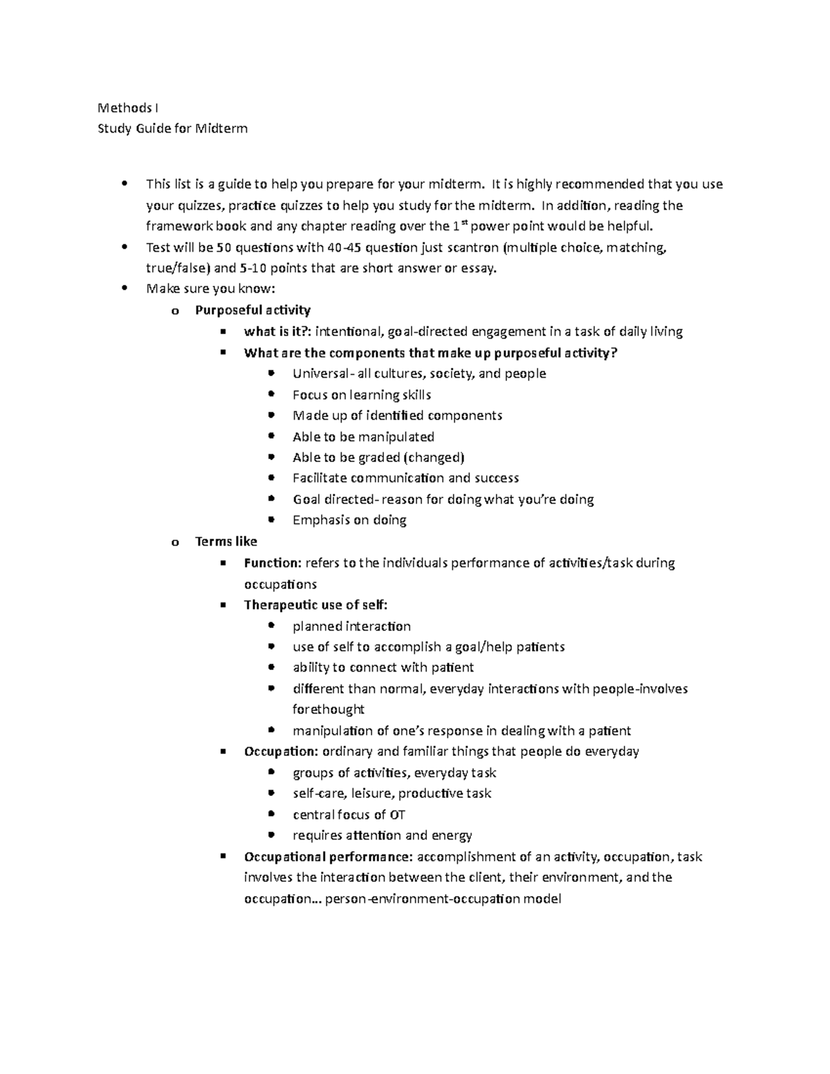Study guide midterm 2014 - Methods I Study Guide for Midterm This list ...