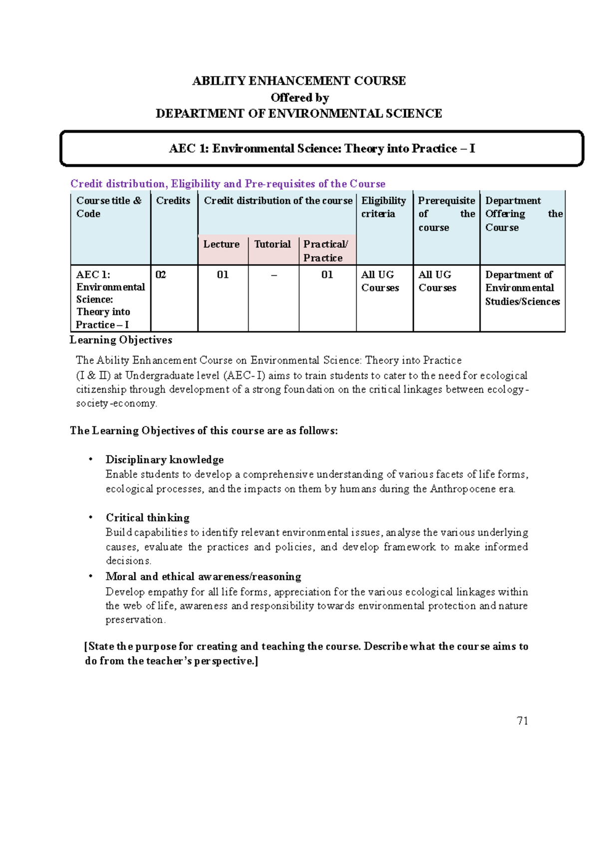 EVS (AEC) 3rd Semester Syllabus - ABILITY ENHANCEMENT COURSE Offered by ...