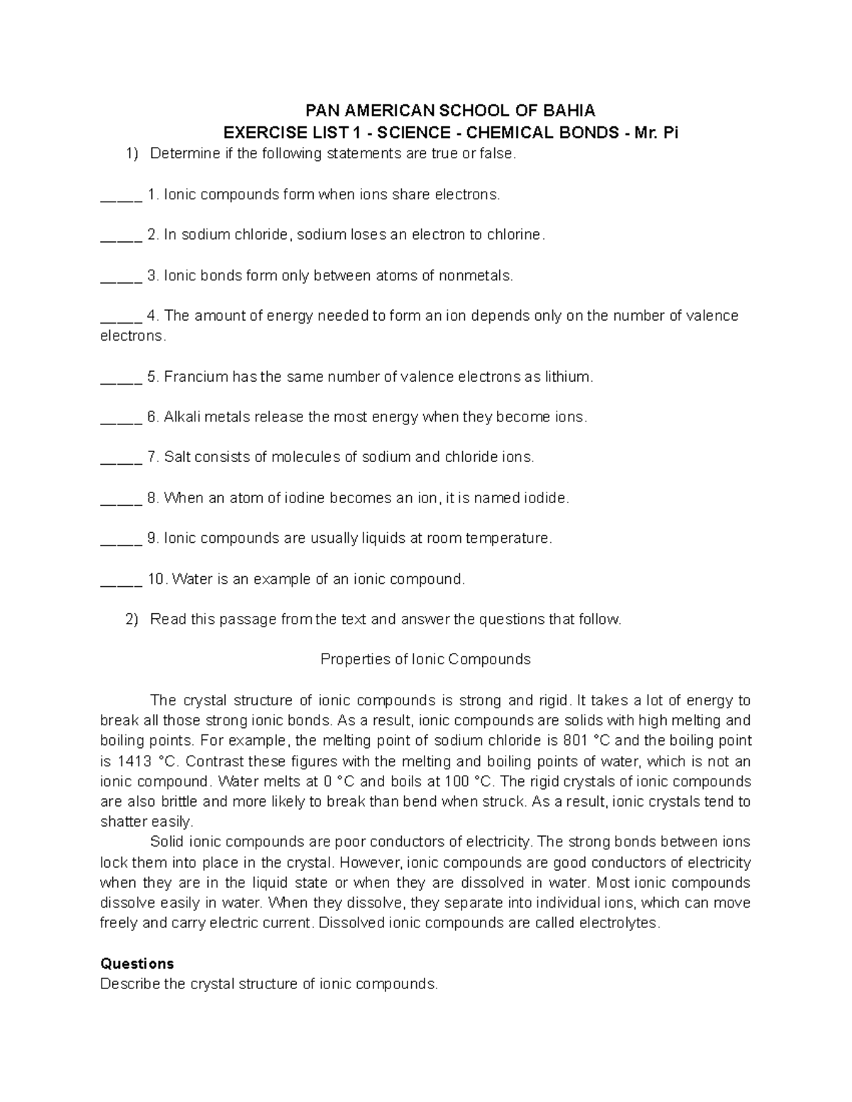 Exercise list chem bond - PAN AMERICAN SCHOOL OF BAHIA EXERCISE LIST 1 ...