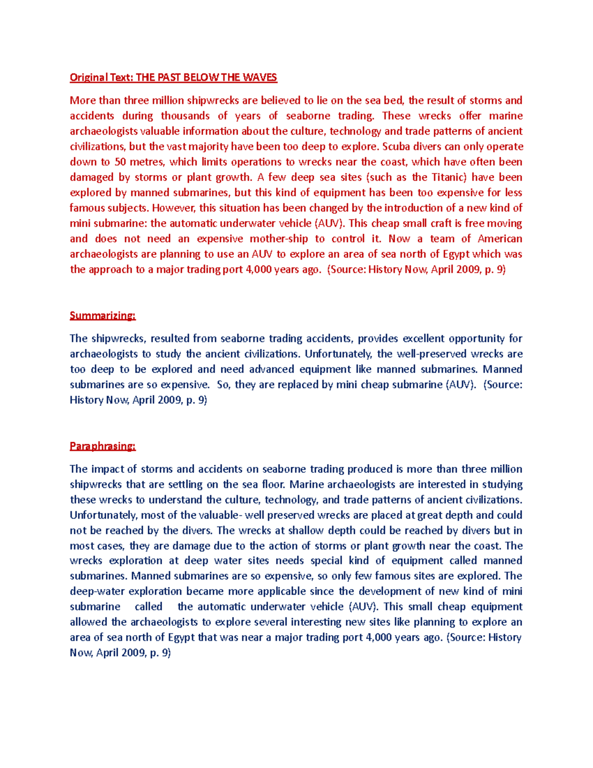 02 Summarizing and Paraphrasing - Original Text: THE PAST BELOW THE ...