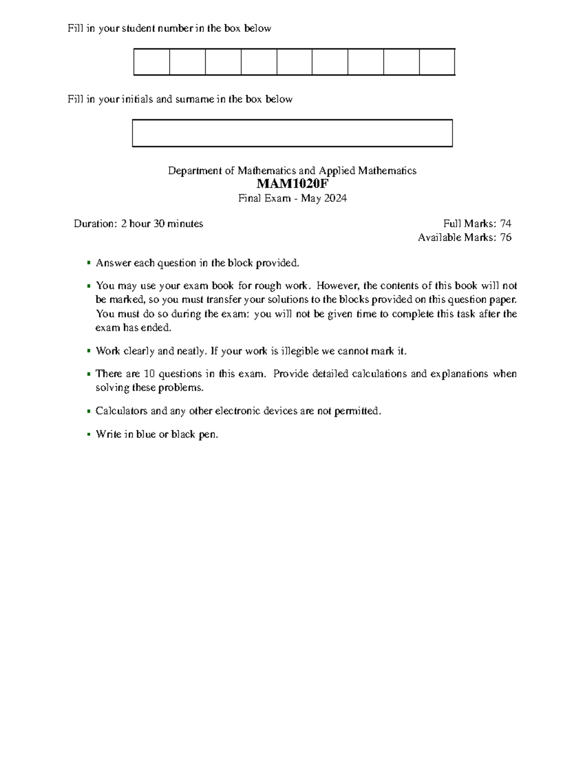MAM1020F exam May 2024 - Fill in your student number in the box below ...