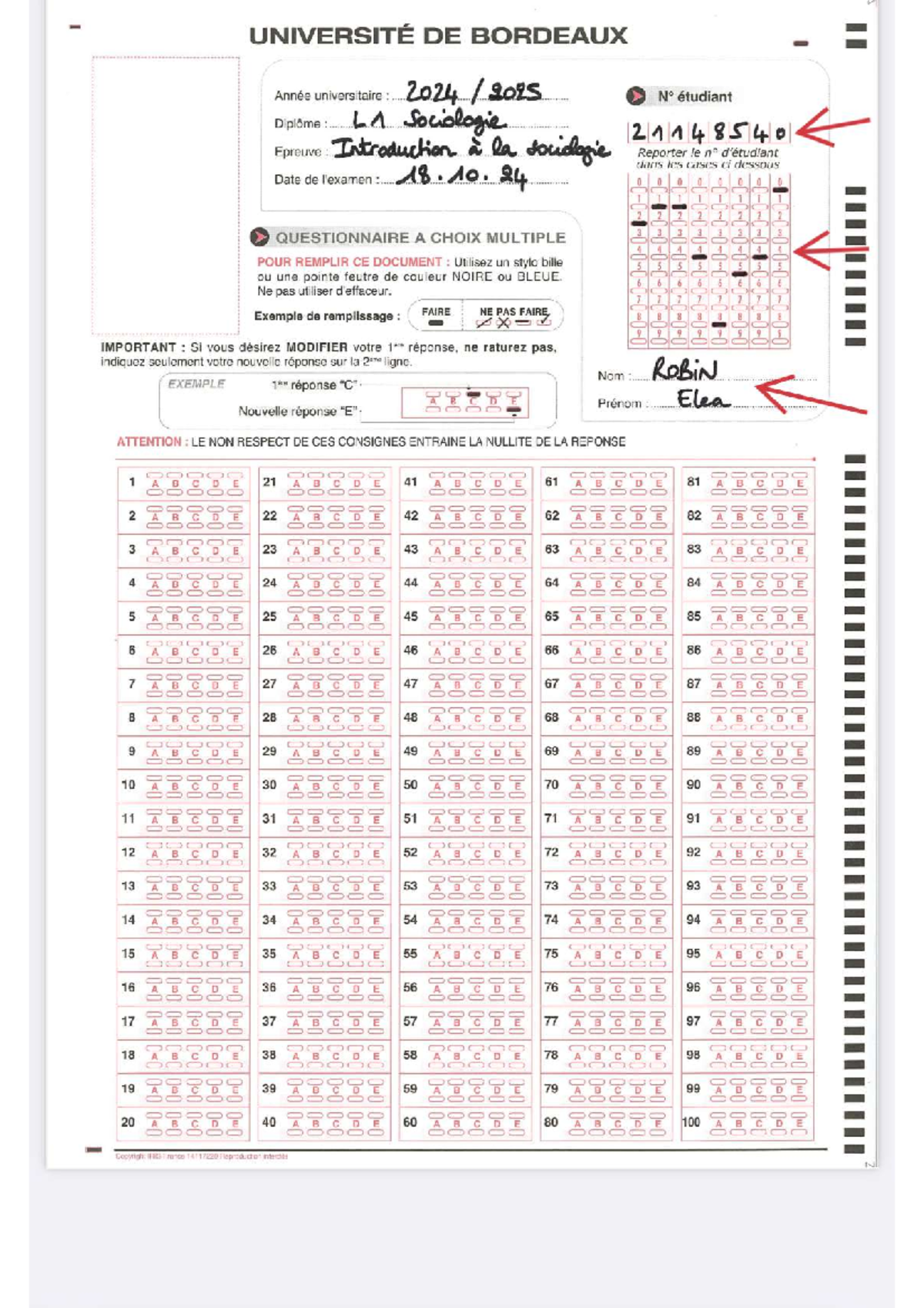 Exemple d’une grille de QCM - UNIVERSITÉ DE BORDEAUX Année universitaire : 2024 2025 étudiant ...
