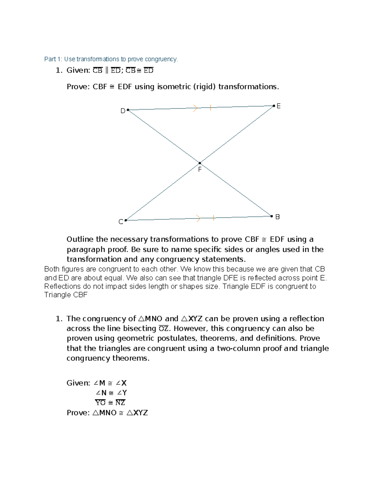 Geometry - F D E B C Part 1: Use transformations to prove congruency ...
