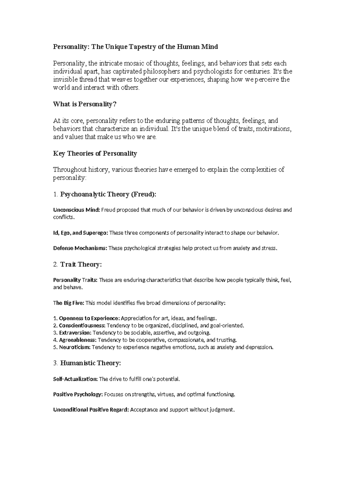 Personality - INTRODUCTION TO PSYCHOLOGY - Personality: The Unique ...