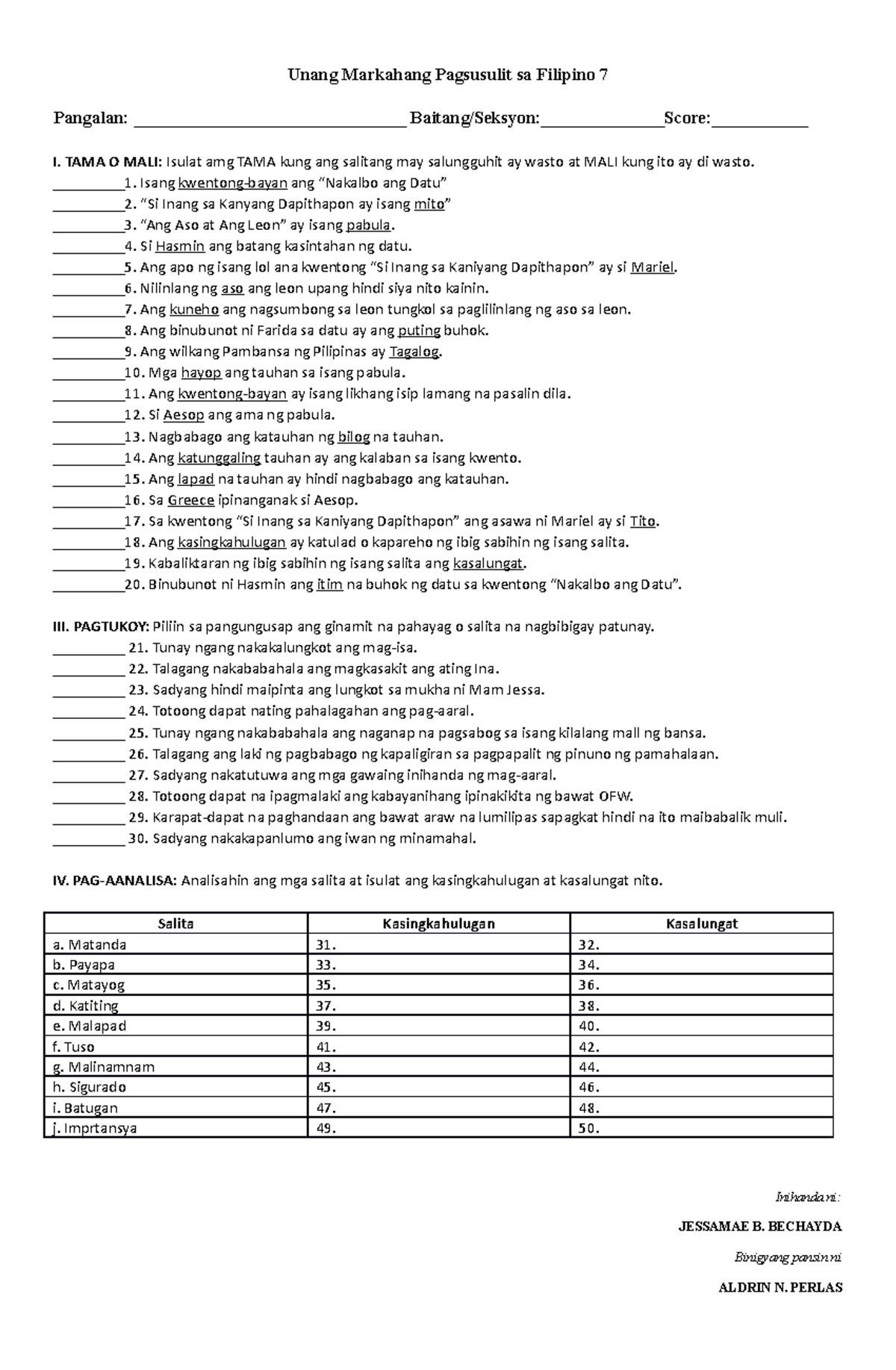 1st Quarter Exam Grade 7 - Unang Markahang Pagsusulit sa Filipino 7 ...