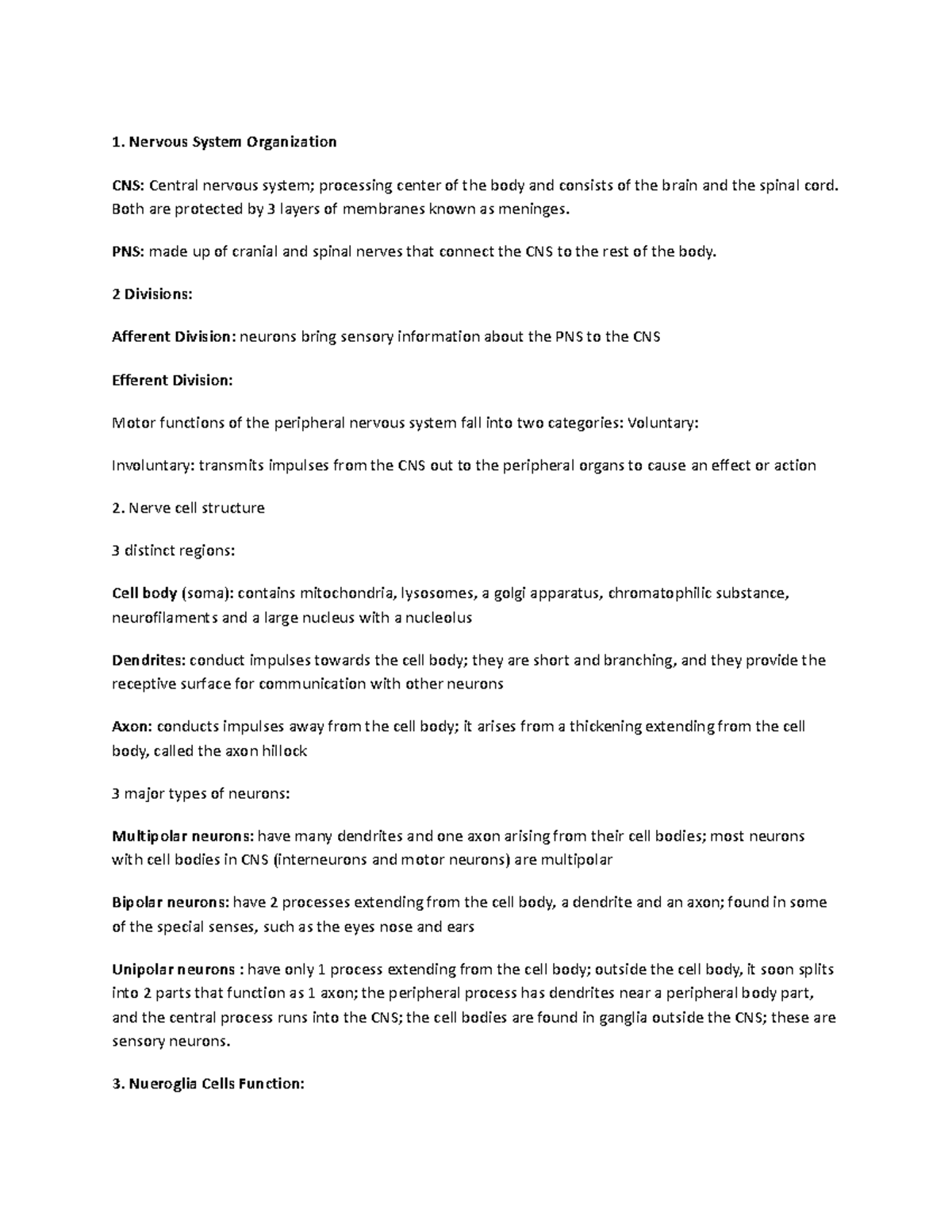 Nervous system study guide - Nervous System Organization CNS: Central ...