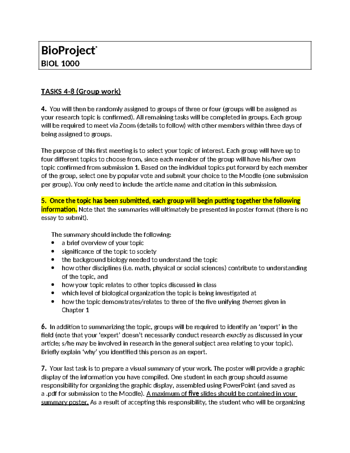 BIOL 1000 Bio Project Group Tasks POST - BioProject * BIOL 1000 TASKS 4 ...