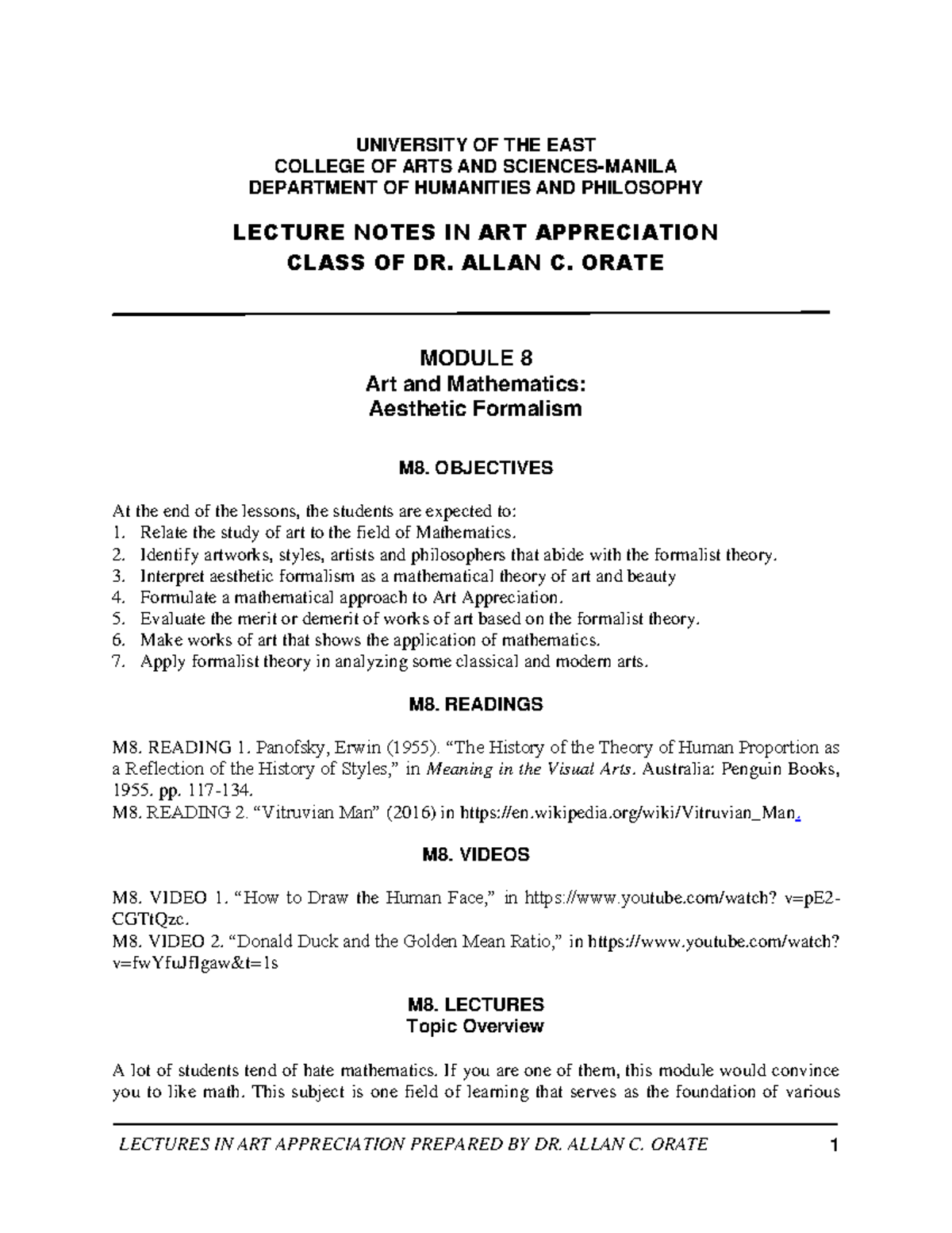 MODULE 8: LECTURE NOTES IN ART APPRECIATION - LECTURES IN ART ...