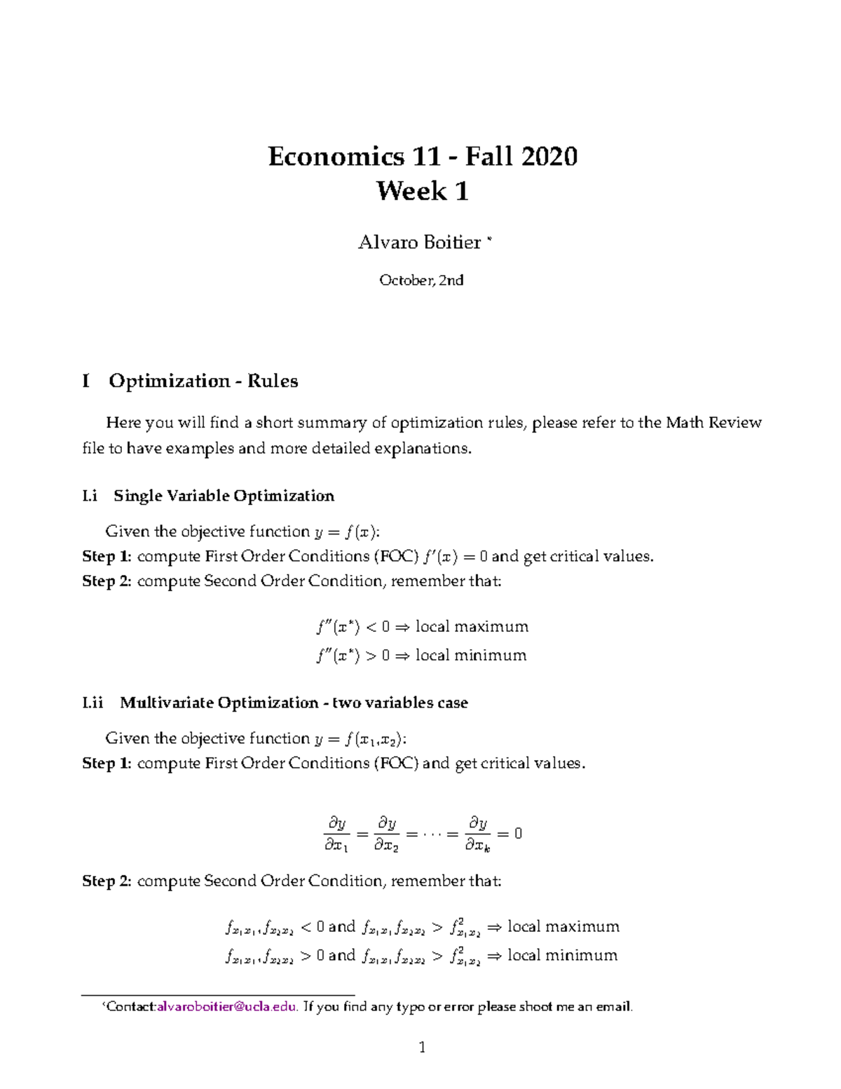 Week 1 - Solutions - Lecture notes Week 1 - Economics 11 - Fall 2020 ...