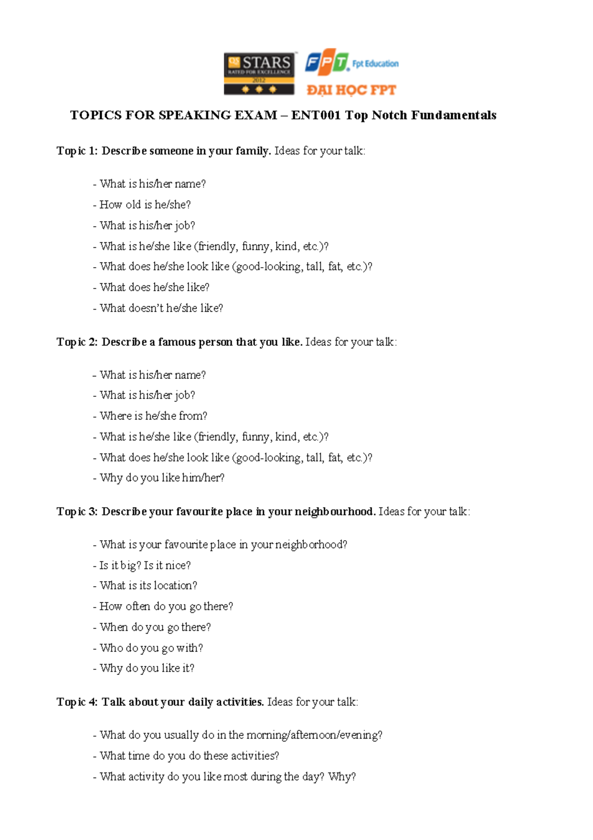 ENT001 Topics-for-speaking-exam - TOPICS FOR SPEAKING EXAM – ENT001 Top ...