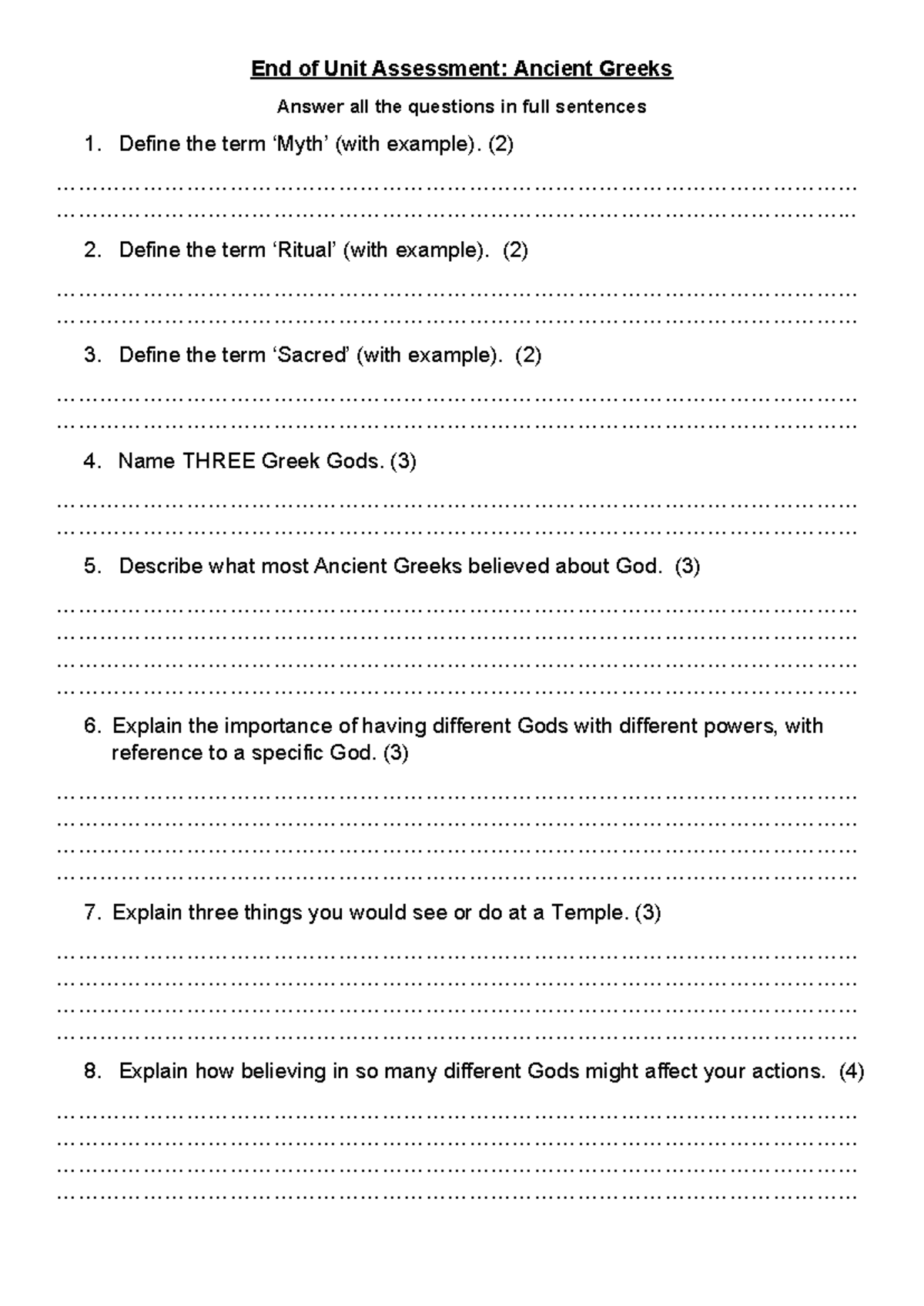 7 - Greek History - End of Unit Assessment: Ancient Greeks Answer all ...