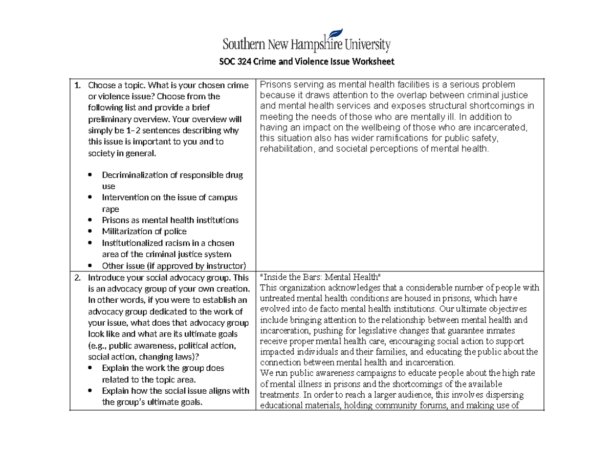SOC324 crime and violence issue - SOC 324 Crime and Violence Issue Worksheet 1. Choose a topic ...