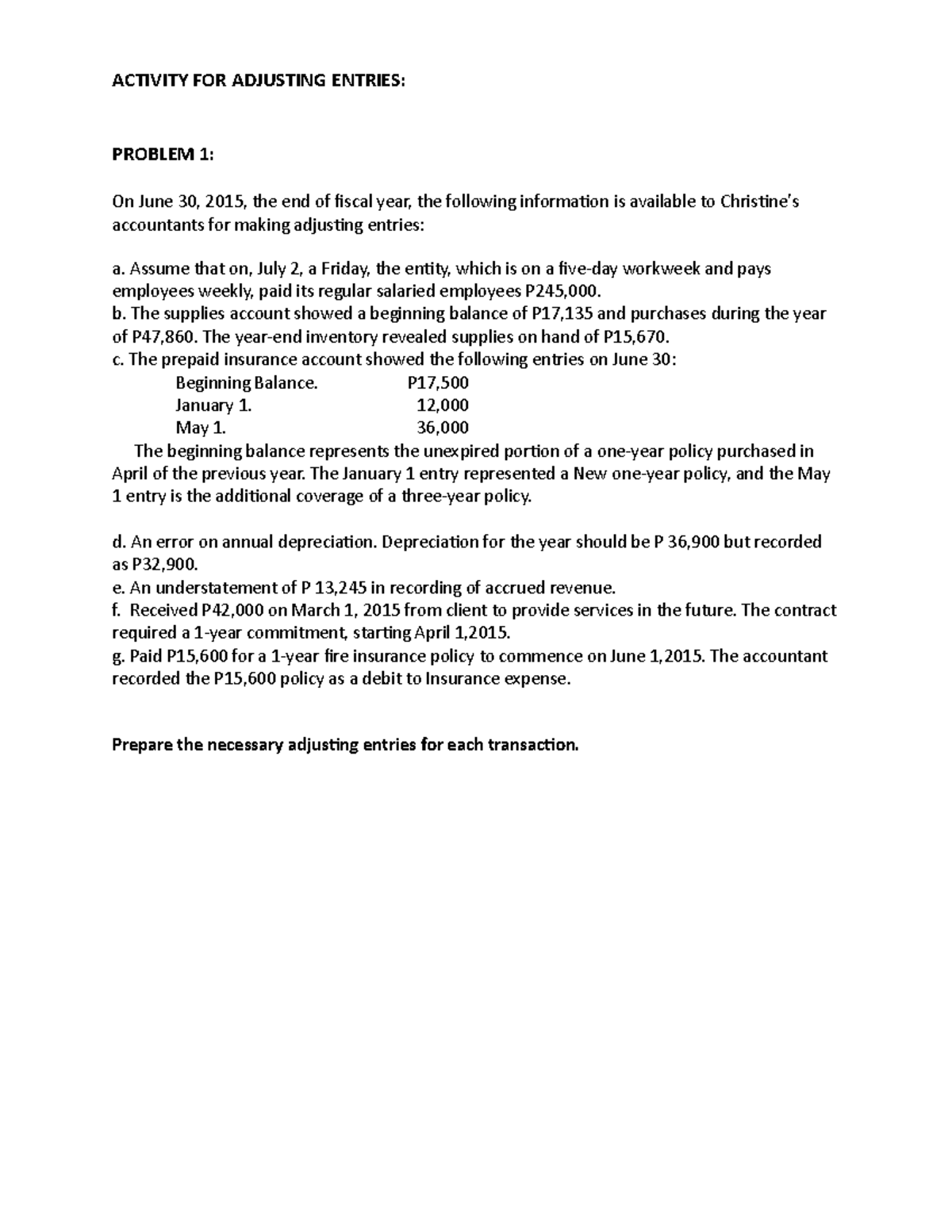 Activity FOR Adjusting Entries - ACTIVITY FOR ADJUSTING ENTRIES ...