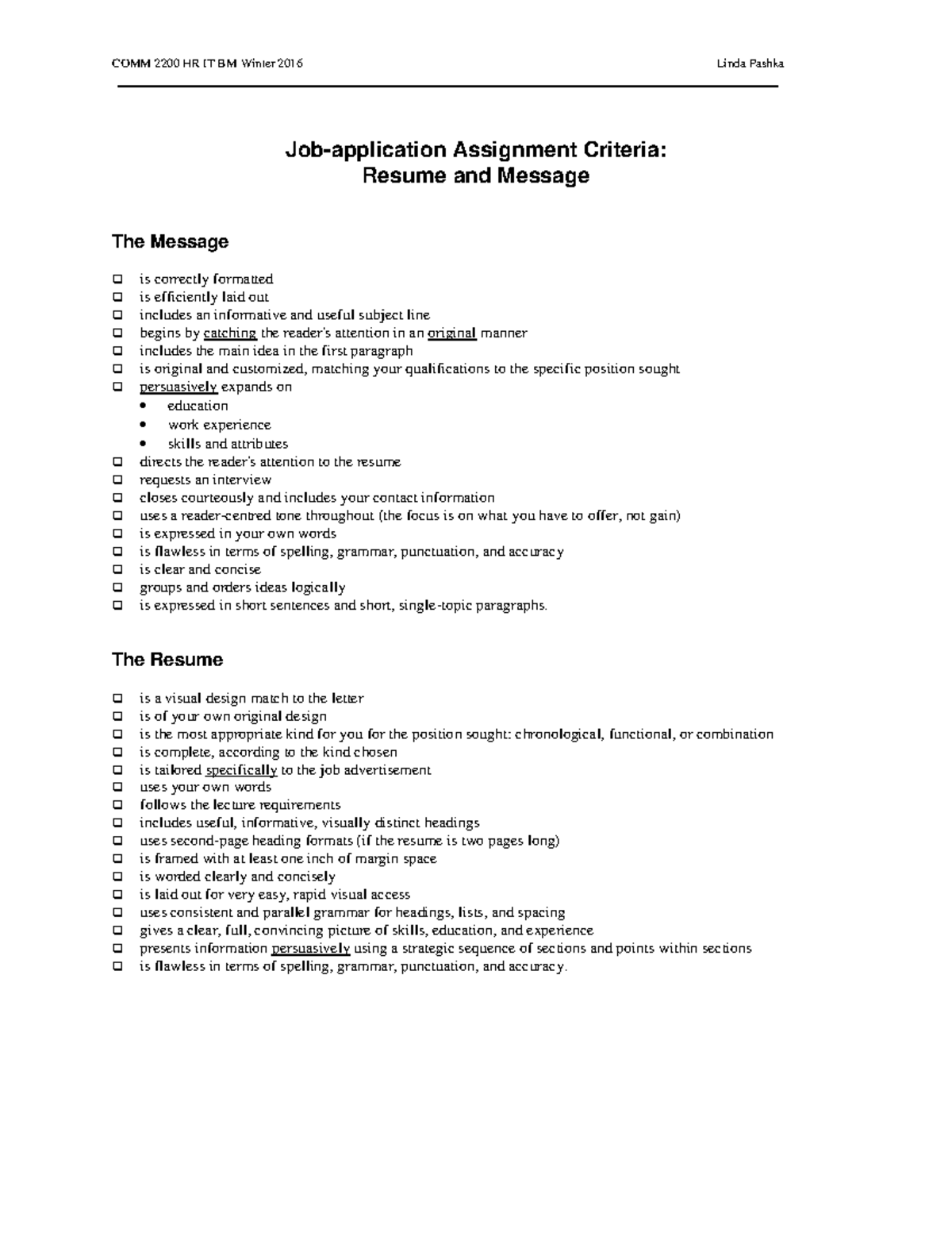 Lab2Jan12-Job Assignment Criteria - COMM 2200 HR IT BM Winter 2016 ...