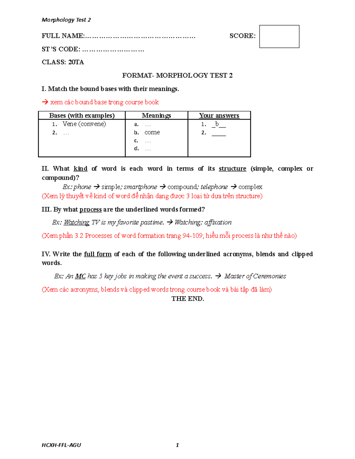 Format Morphology test 2 - 20TA - Morphology Test 2 FULL - Studocu