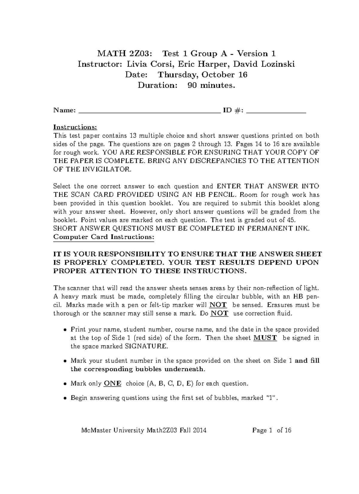 Math2z03 2014 Test1 Solutions Math 2z03 Test 1 Group A Version 1