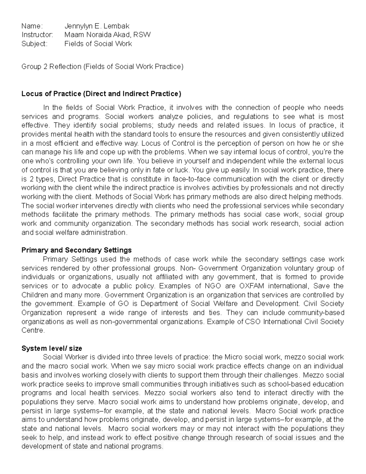 Group 2 fsw reflection - Summary BS in Social Work - Name: Jennylyn E ...