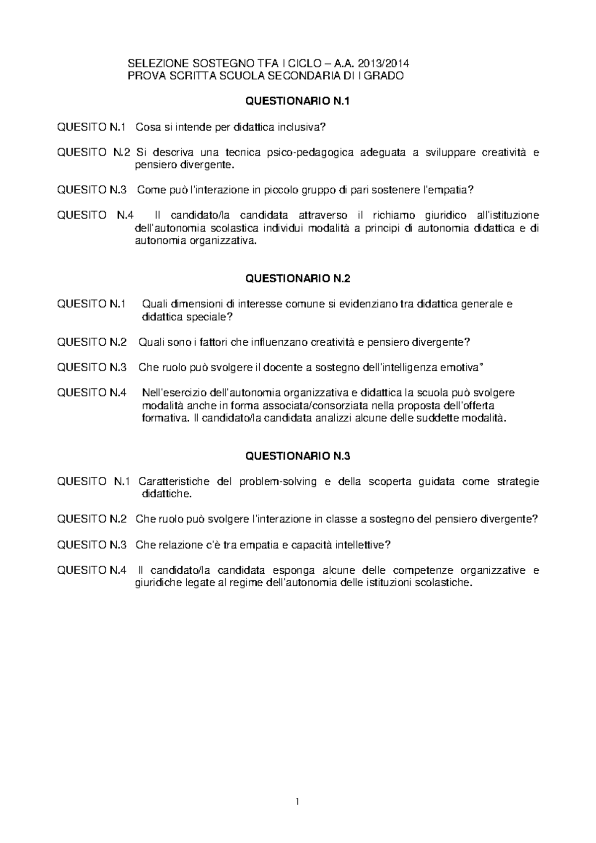 Prove Scritte ( Tutte LE UNI).pdf · versione 1 - 1 SELEZIONE SOSTEGNO TFA I CICLO – A. 2013 ...