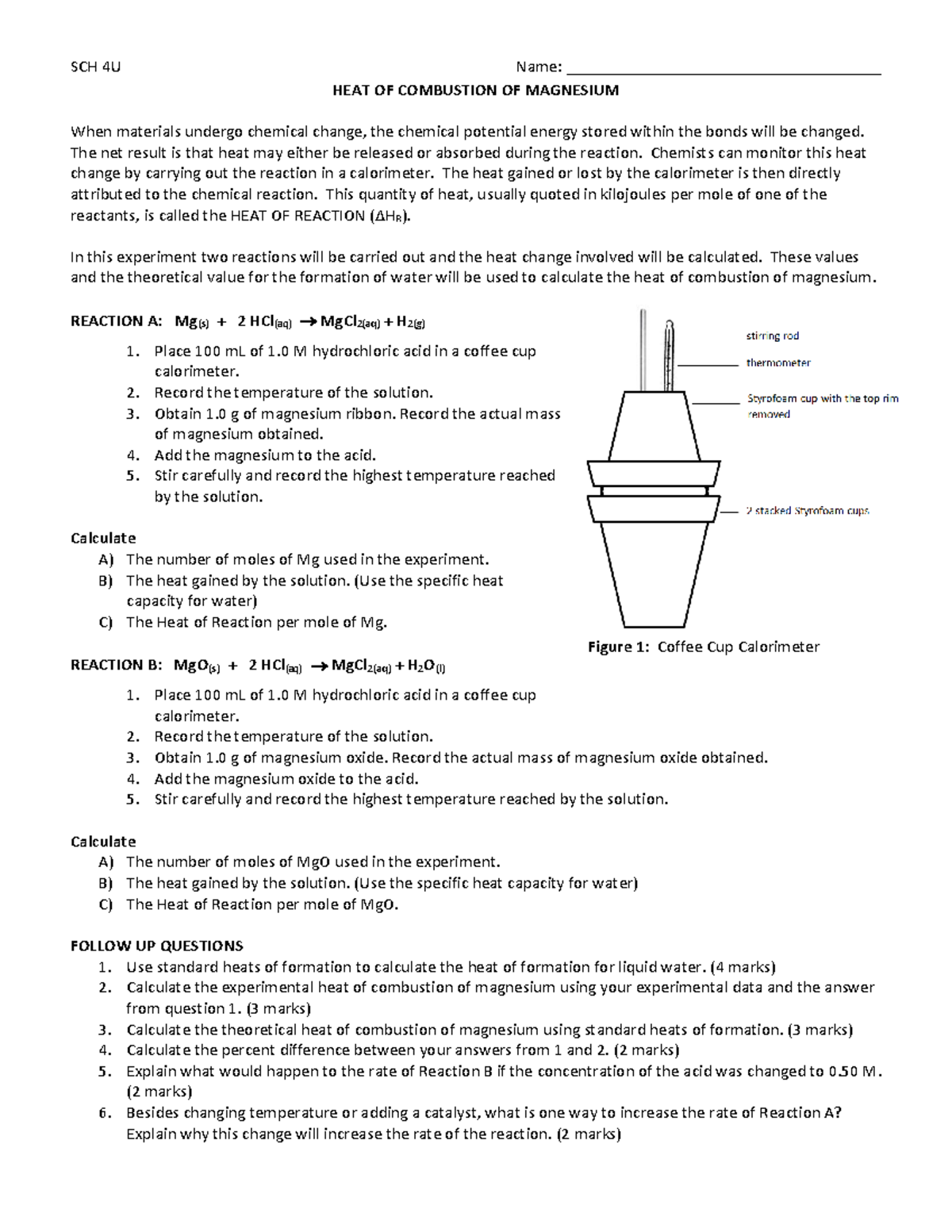 HEAT OF Combustion OF Magnesium - Copy - SCH 4U Name