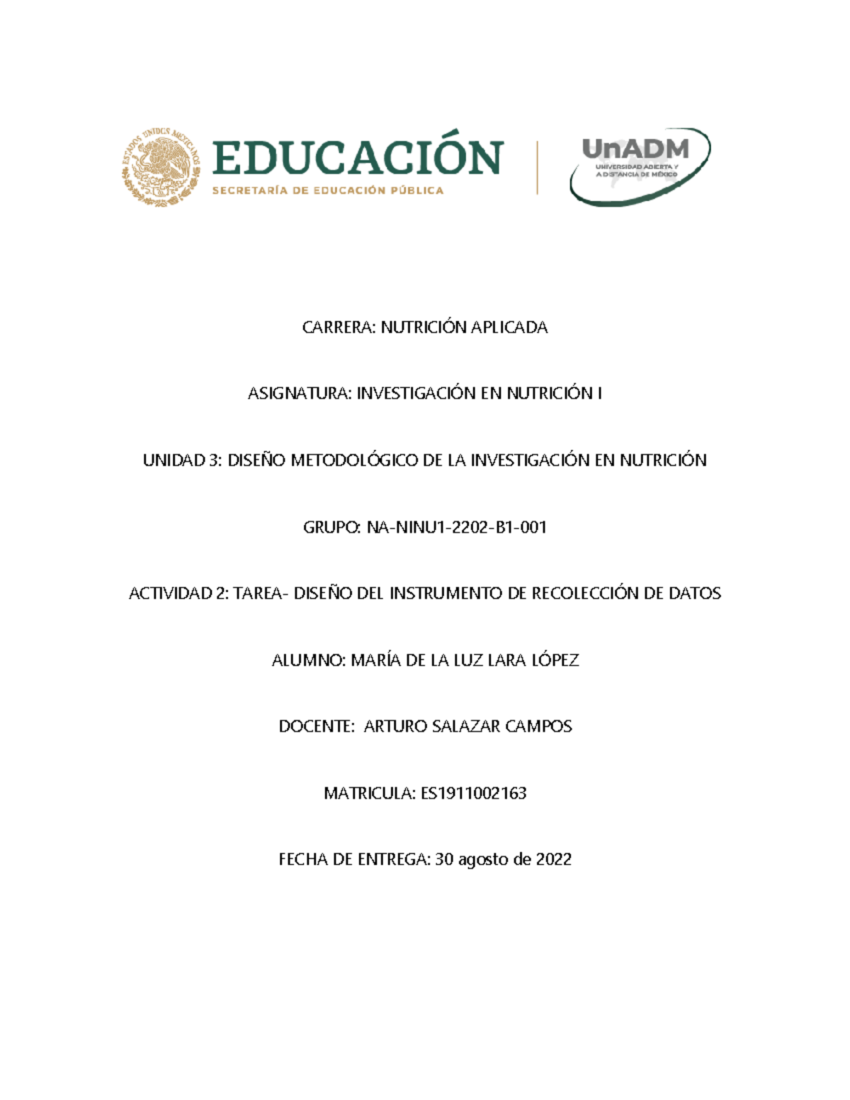 INU1 U3 A2 MALL - No aplica - CARRERA: NUTRICI”N APLICADA ASIGNATURA ...