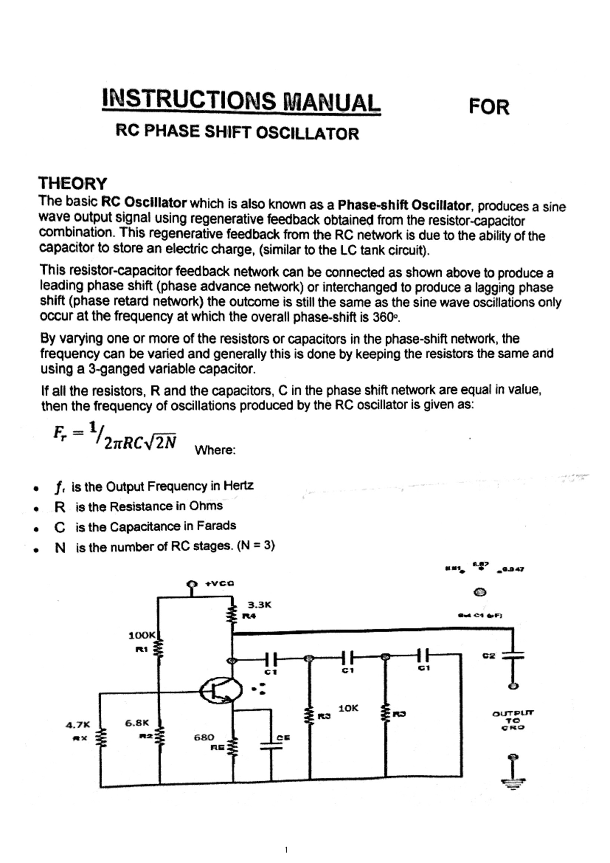RC phase shift oscillator - INSTRUCTIONS MANUAL FOR RC PHASE SHIFT ...