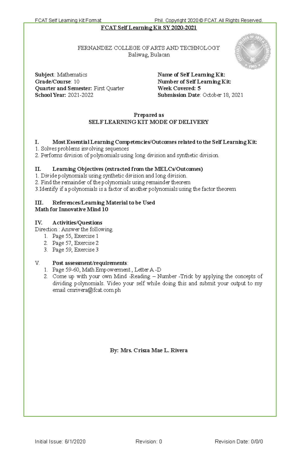 MATH10-SKL WEEK 5-8 - SELF LEARNING KIT. STUDENT MAY USE THIS MATERIALS ...