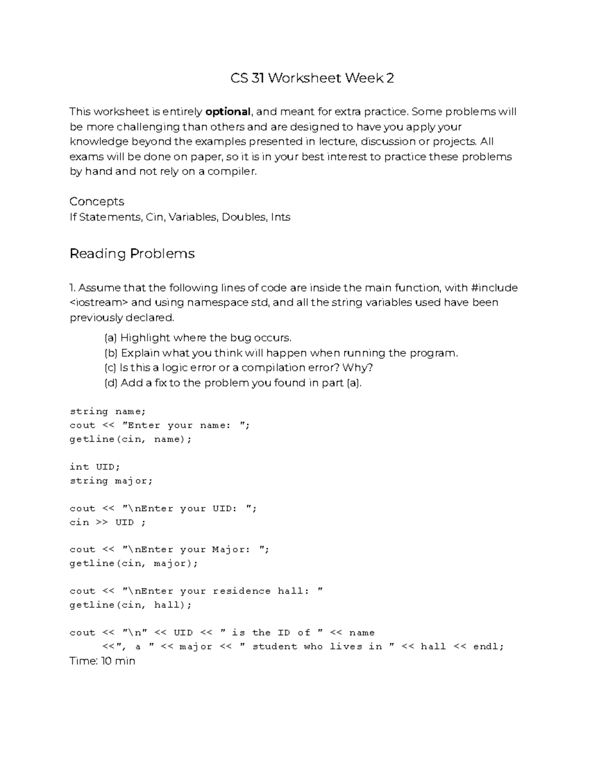 Computer Science 31 - Professor SmallBerg - Worksheet 2 - CS 31 ...