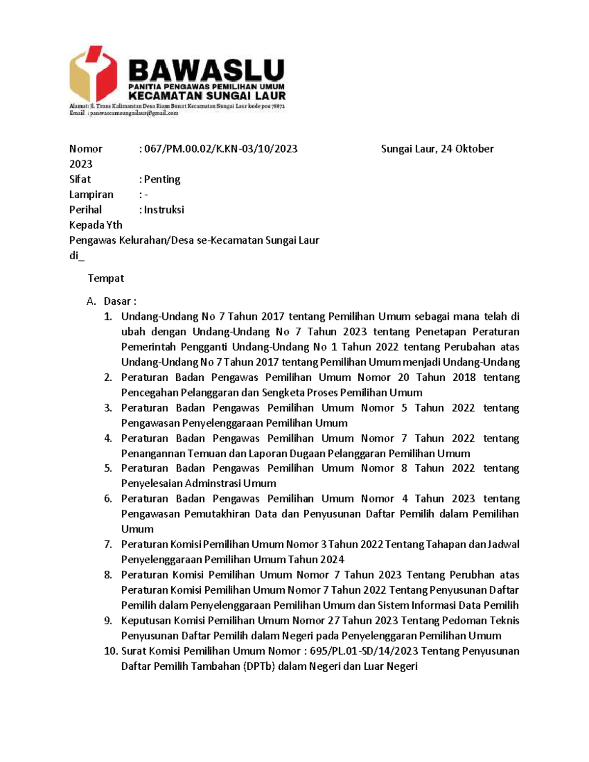Surat Instruksi 2 - Yah - Nomor : 067/PM.00.02/K-03/10/2023 Sungai Laur ...