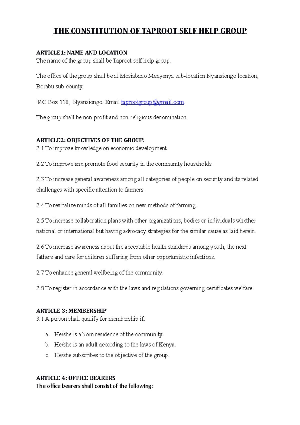 THE Constitution OF Taproot SELF HELP Group - THE CONSTITUTION OF TAPROOT SELF HELP GROUP ...