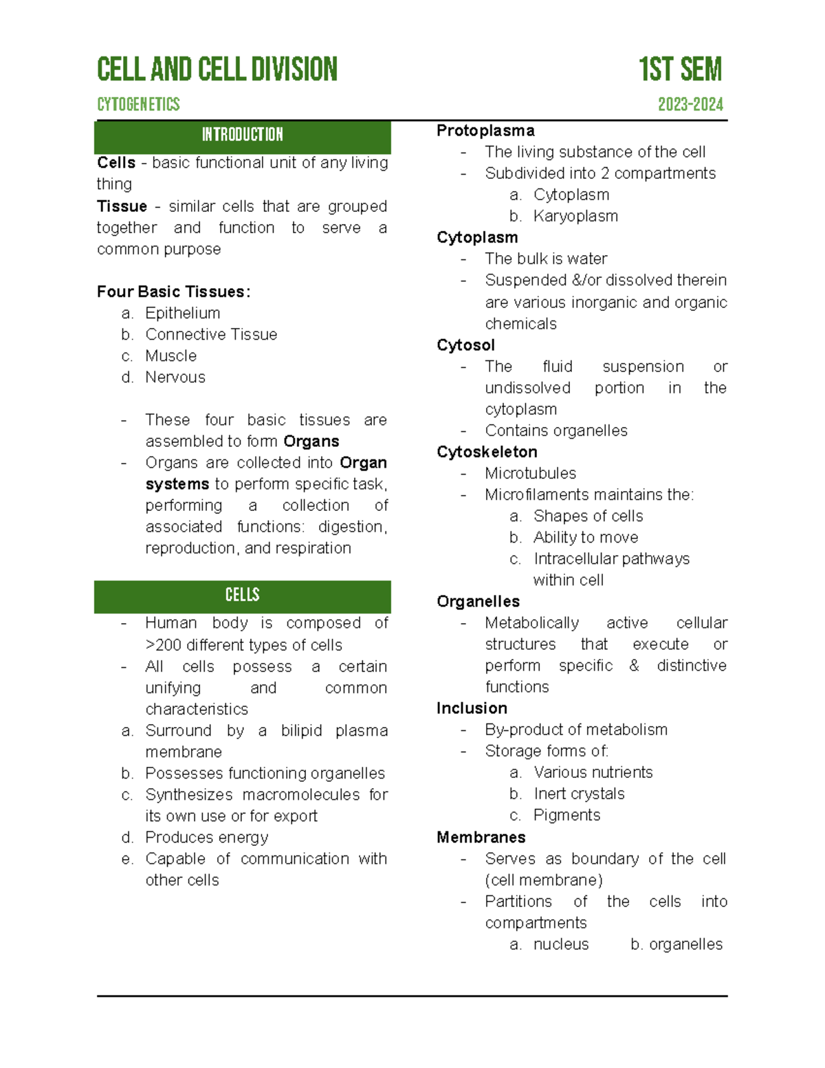 Cyto Lesson 2 - Cytology lec - Cell and cell division 1st sem ...