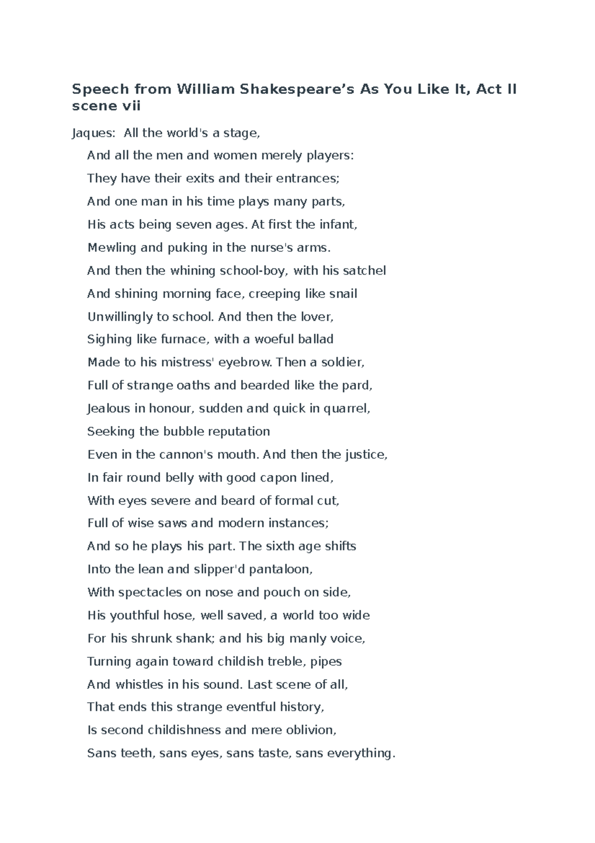 Short answer - good - Speech from William Shakespeare’s As You Like It ...