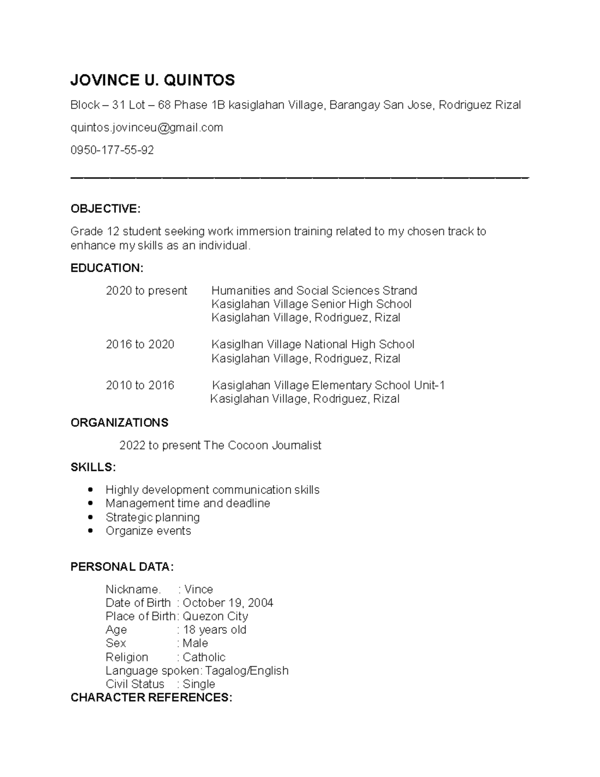 WORK Immersion Resume Quintos, Jovince U - JOVINCE U. QUINTOS Block ...