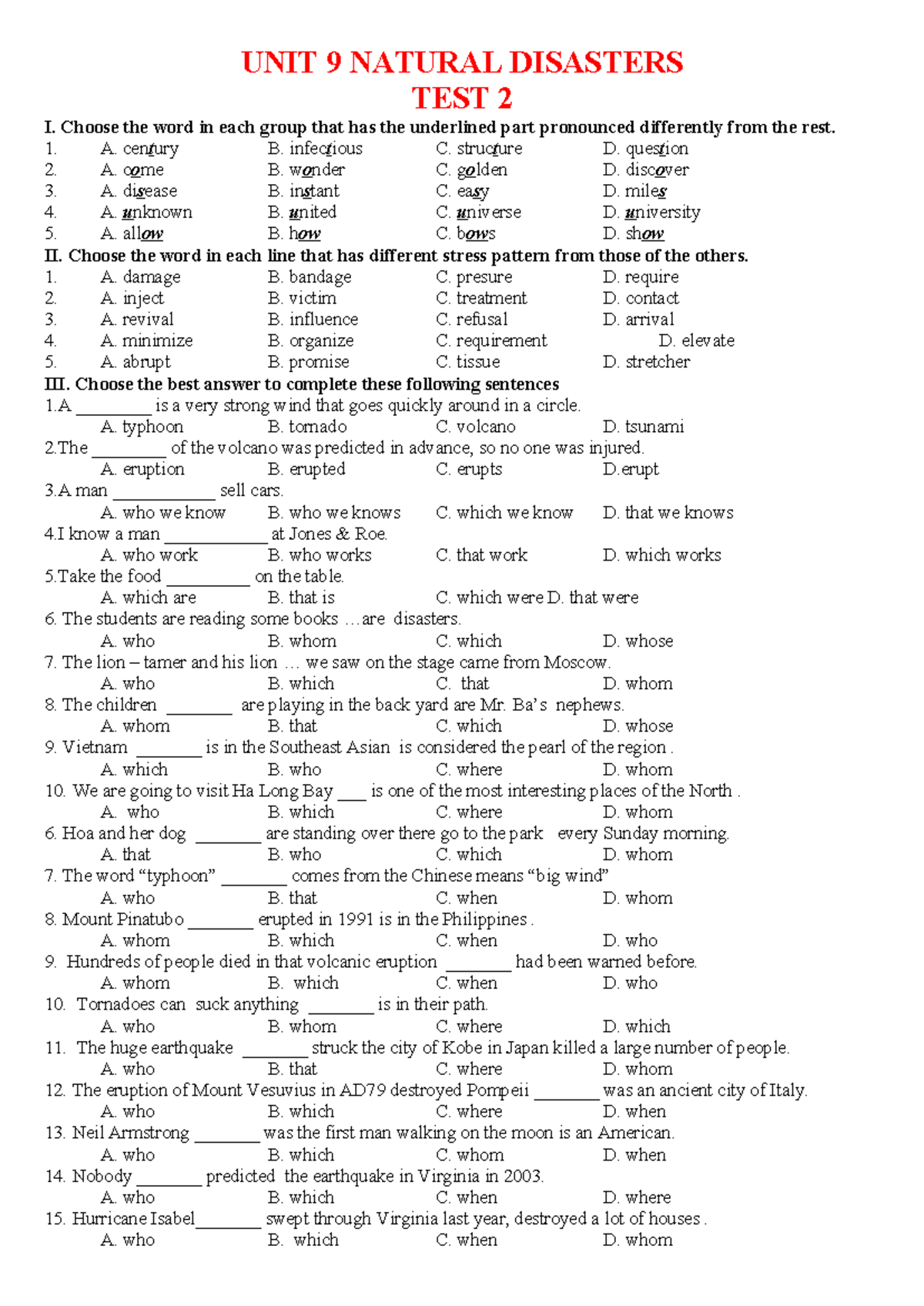 English 9 UNIT 9 Natural Disasters TEST 2 - UNIT 9 NATURAL DISASTERS ...