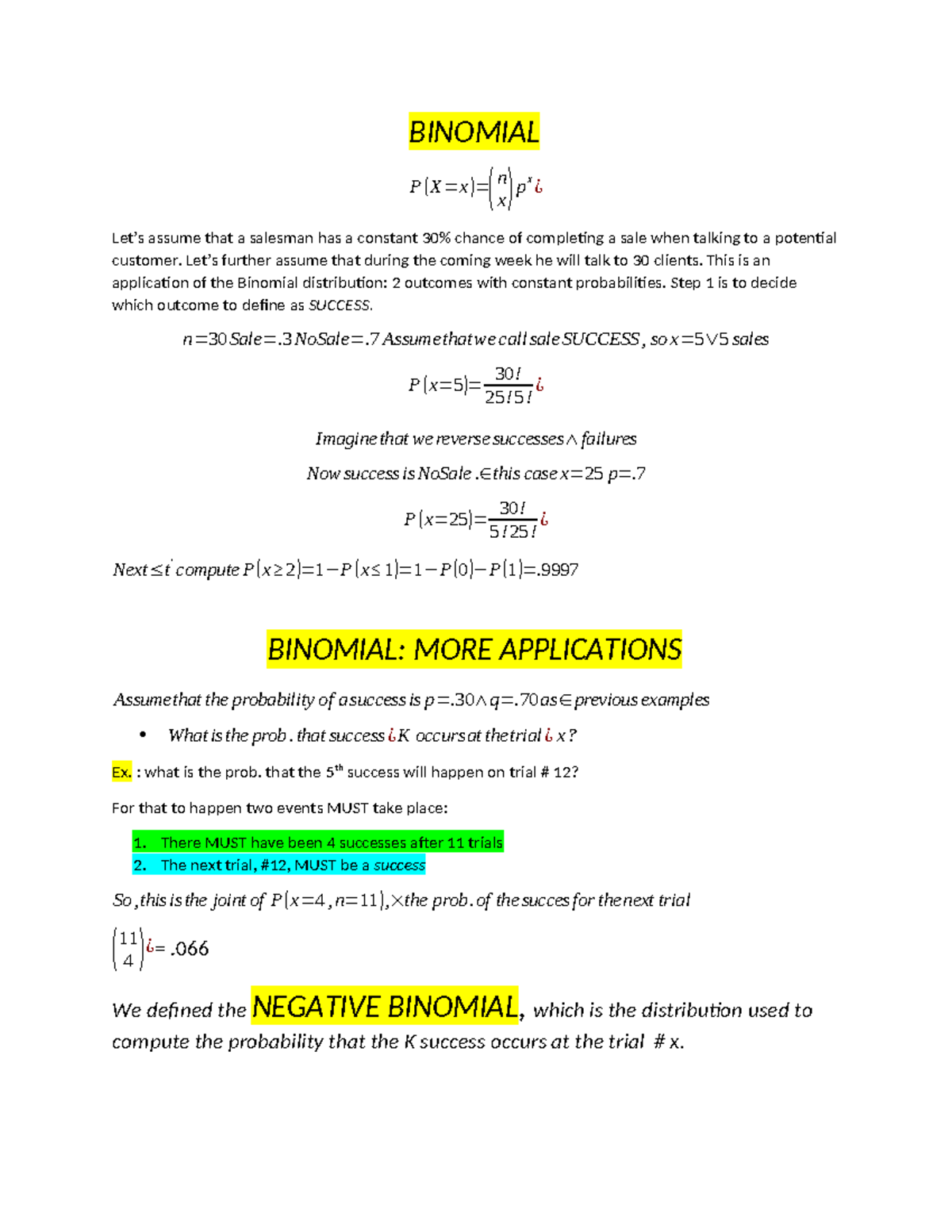 Binomial Extensions & Hypergeometric (1) - BINOMIAL P ( X=x ) = ( n x ...