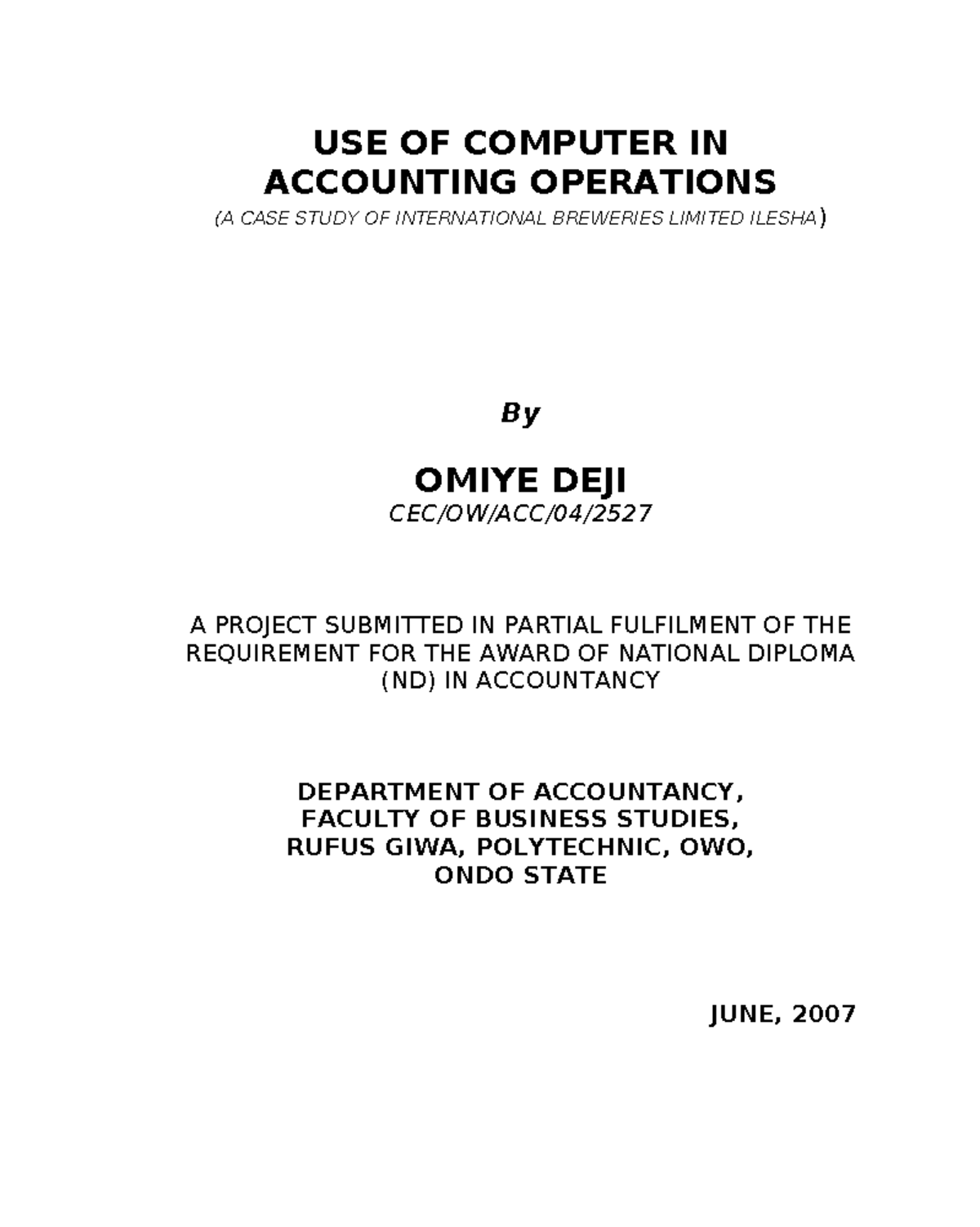 USE OF Computer IN Accounting Operations - USE OF COMPUTER IN ...