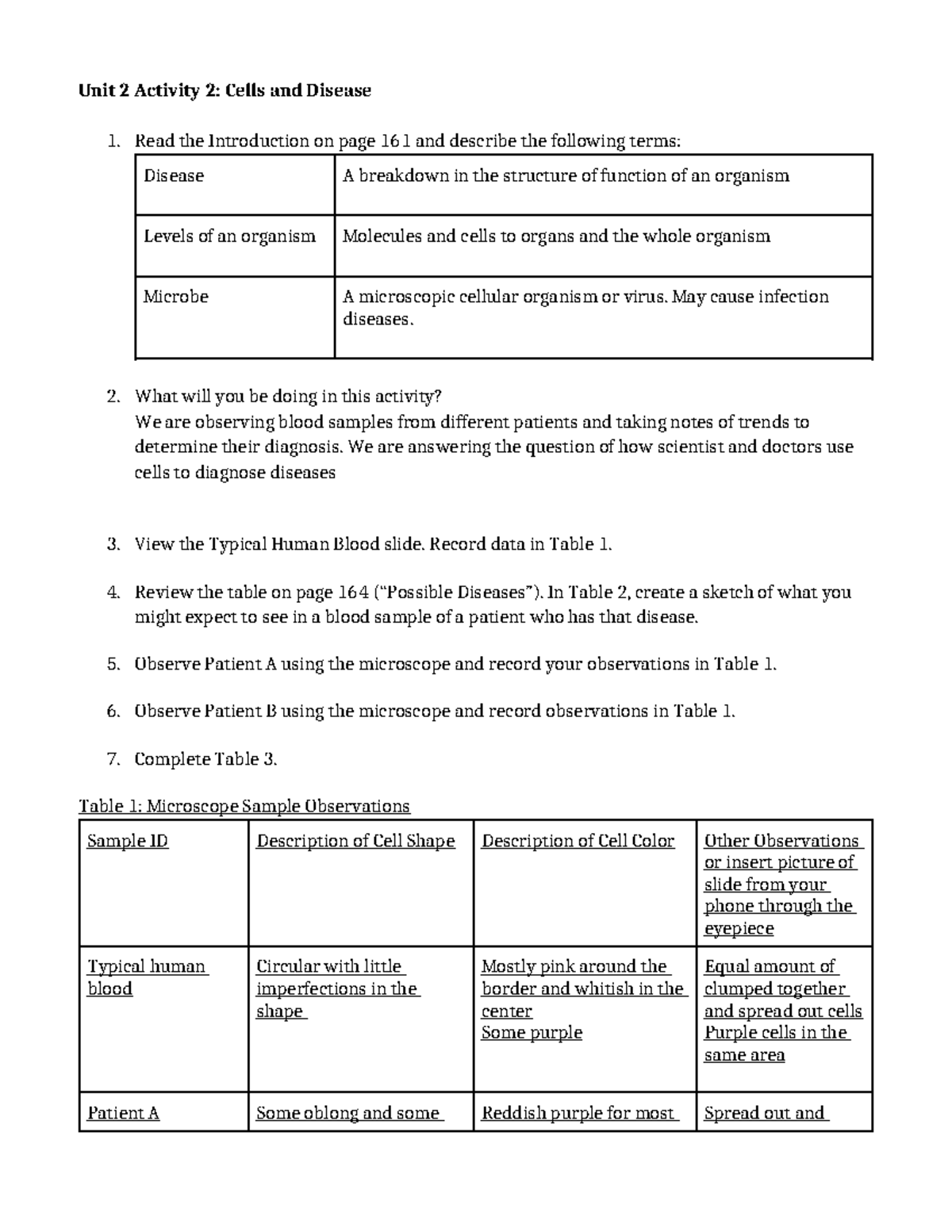 Activity 2 Cells and Disease Student Guide - Unit 2 Activity 2: Cells ...
