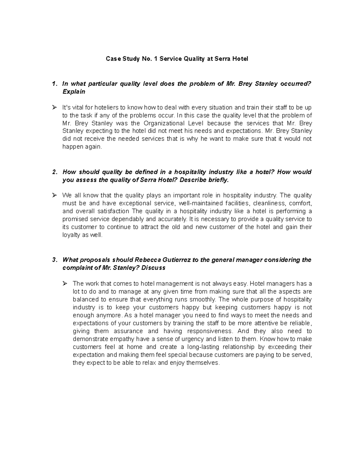 operation management - Case Study No. 1 Service Quality at Serra Hotel ...
