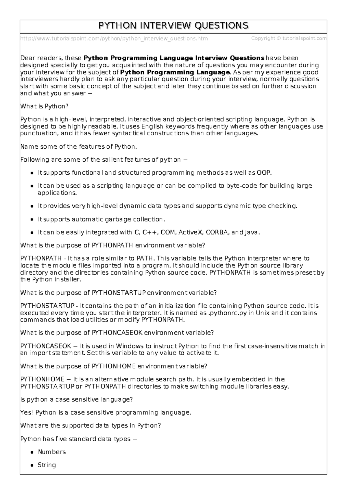 Python Interview Questions Tutorialspoint python python interview