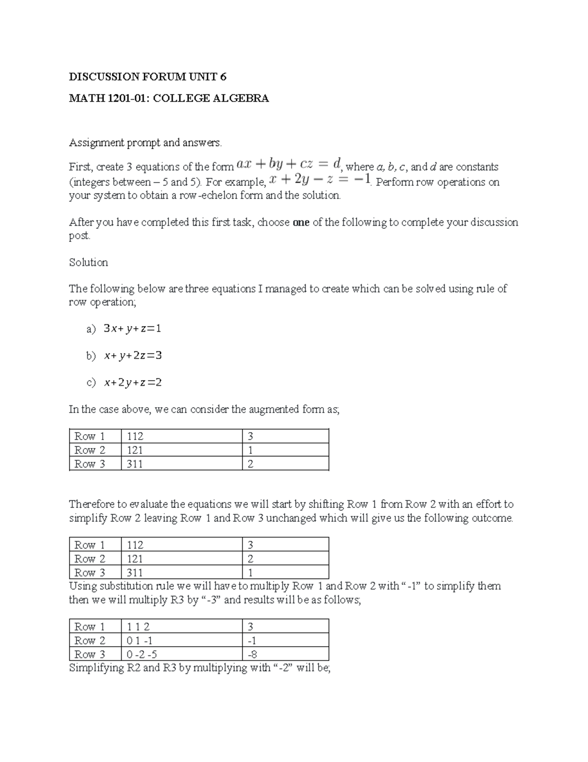 unit 6 assignment - DISCUSSION FORUM UNIT 6 MATH 1201-01: COLLEGE ...
