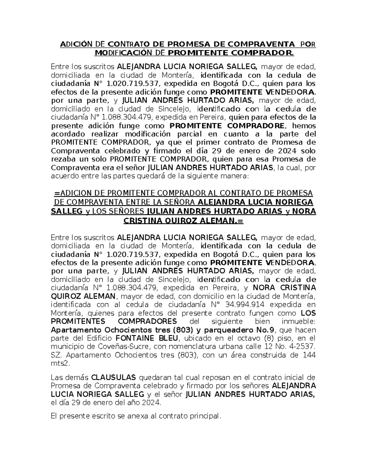 contrato adicion - ADI C I Ó N D E C O NT R AT O DE PROMESA DE ...