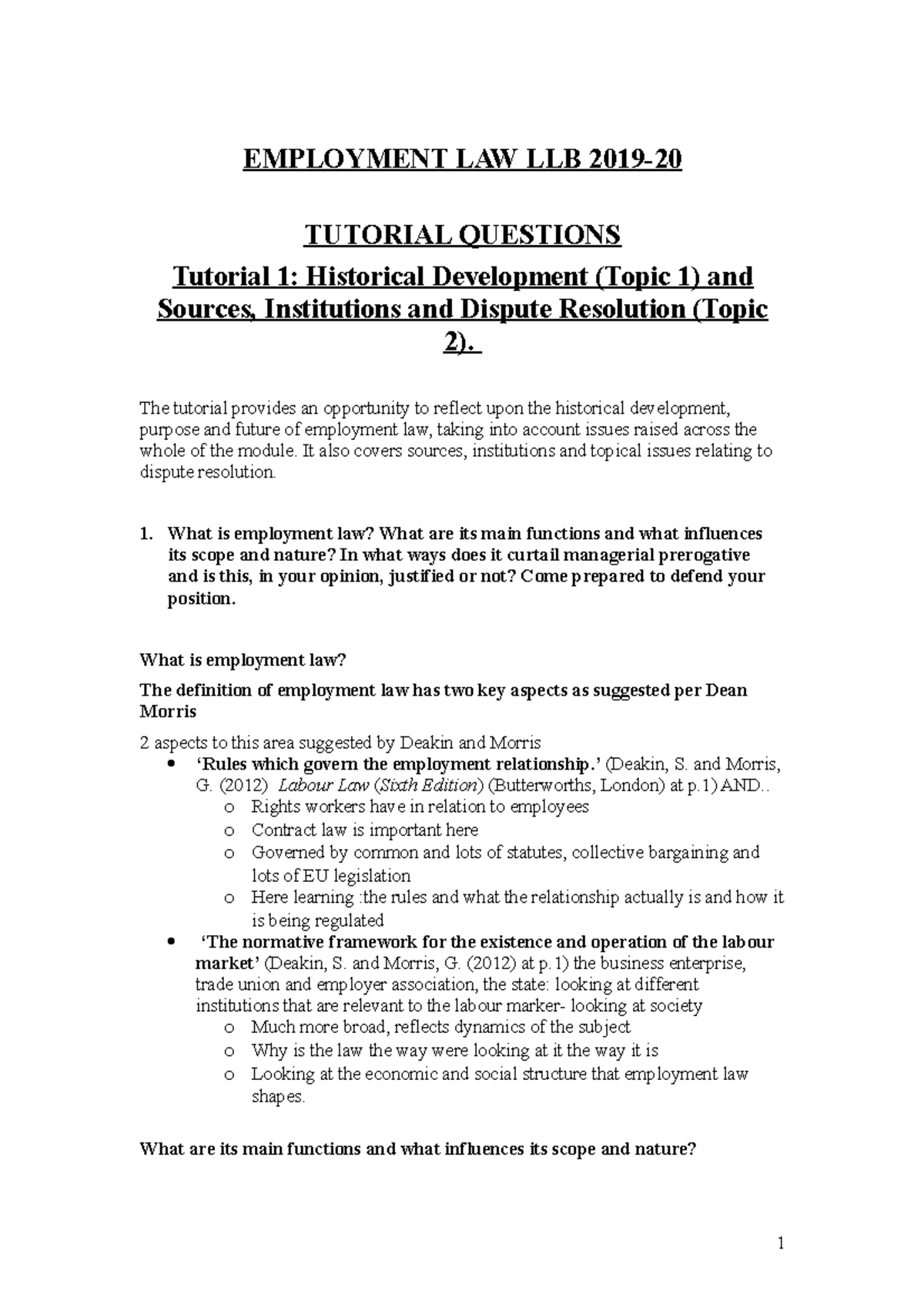 Tutorial questions 19-20 - EMPLOYMENT LAW LLB 2019- TUTORIAL QUESTIONS ...