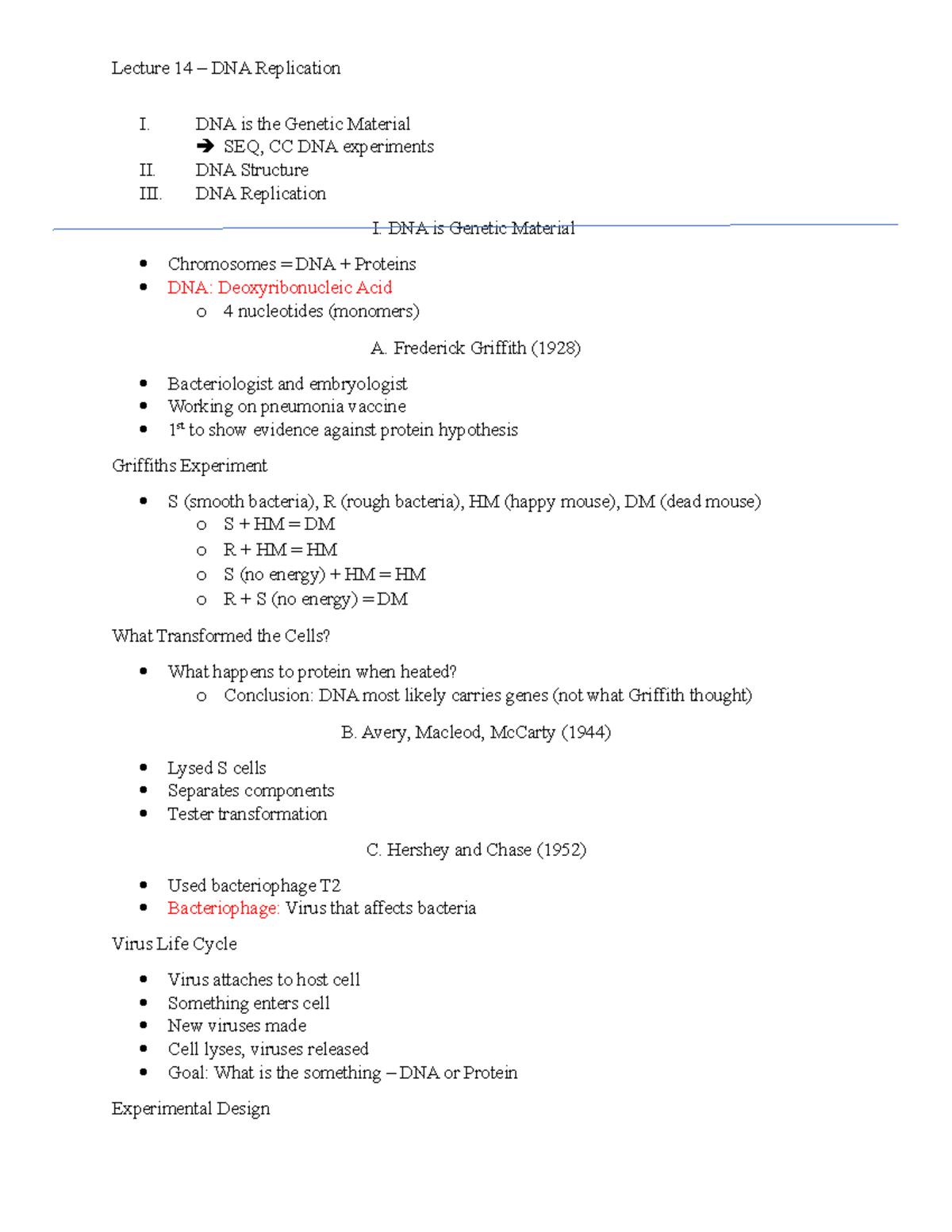 Lecture 14 - DNA Replication - I. DNA is the Genetic Material SEQ, CC ...